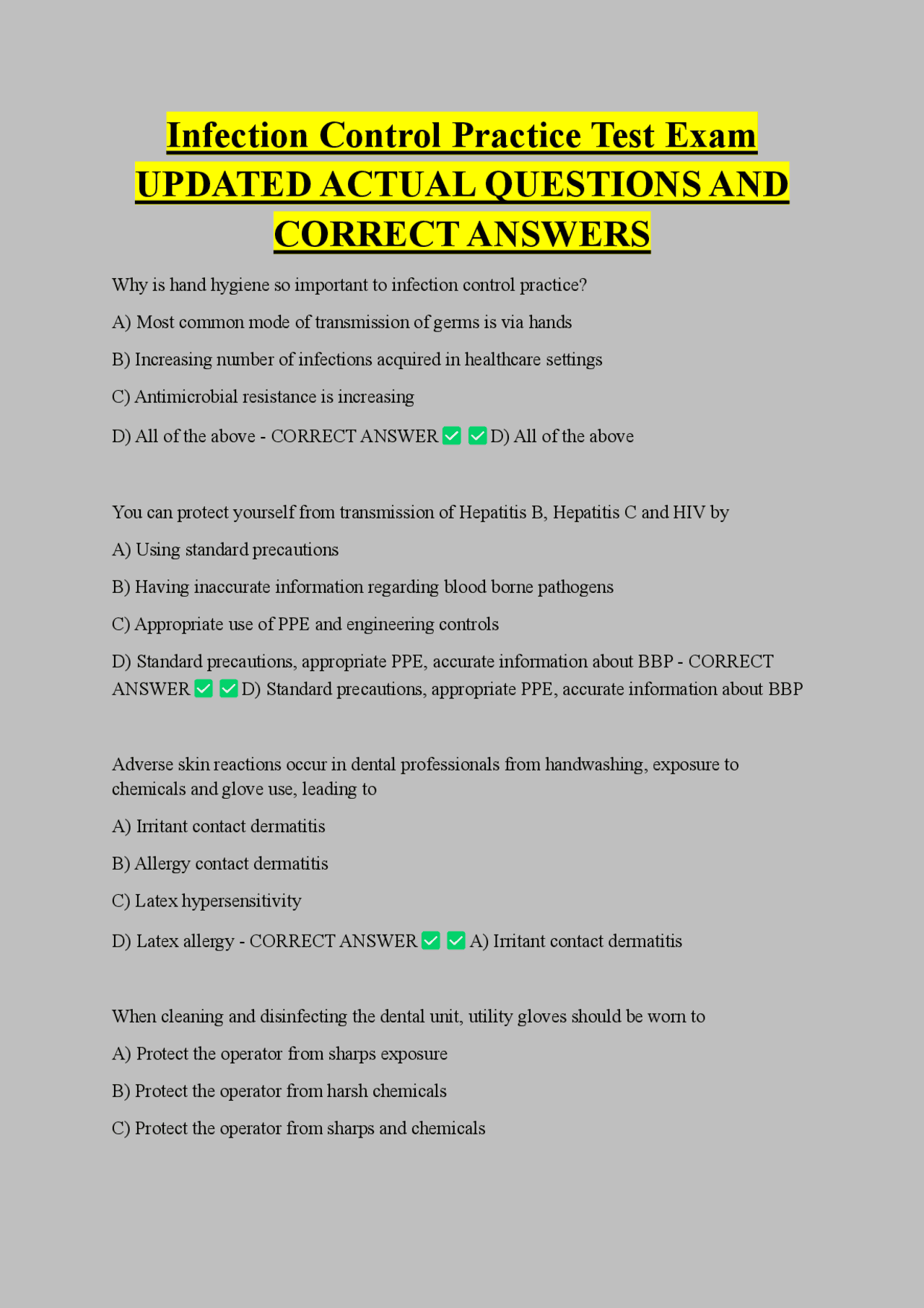 Infection Control Practice Test Exam UPDATED ACTUAL QUESTIONS AND ...