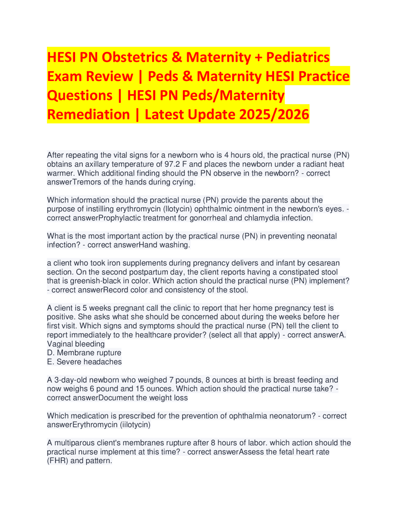 HESI PN Obstetrics & Maternity + Pediatrics Review – 2025/2026 Updated ...