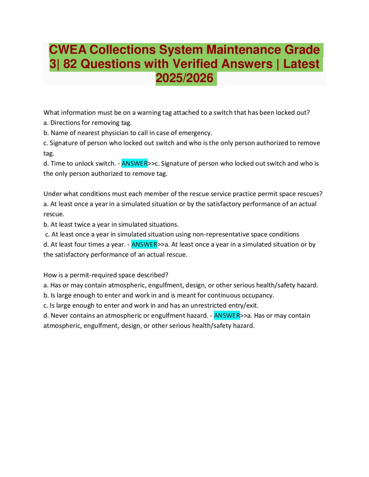 CWEA Collections System Maintenance Grade 3 82 Questions with Verified ...