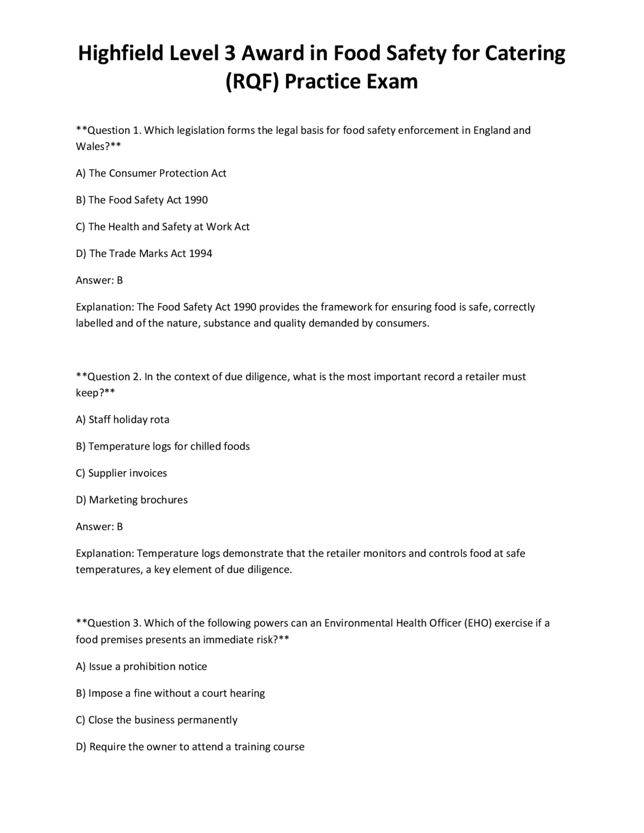 Highfield Level 3 Award in Food Safety for Catering (RQF) Practice Exam ...