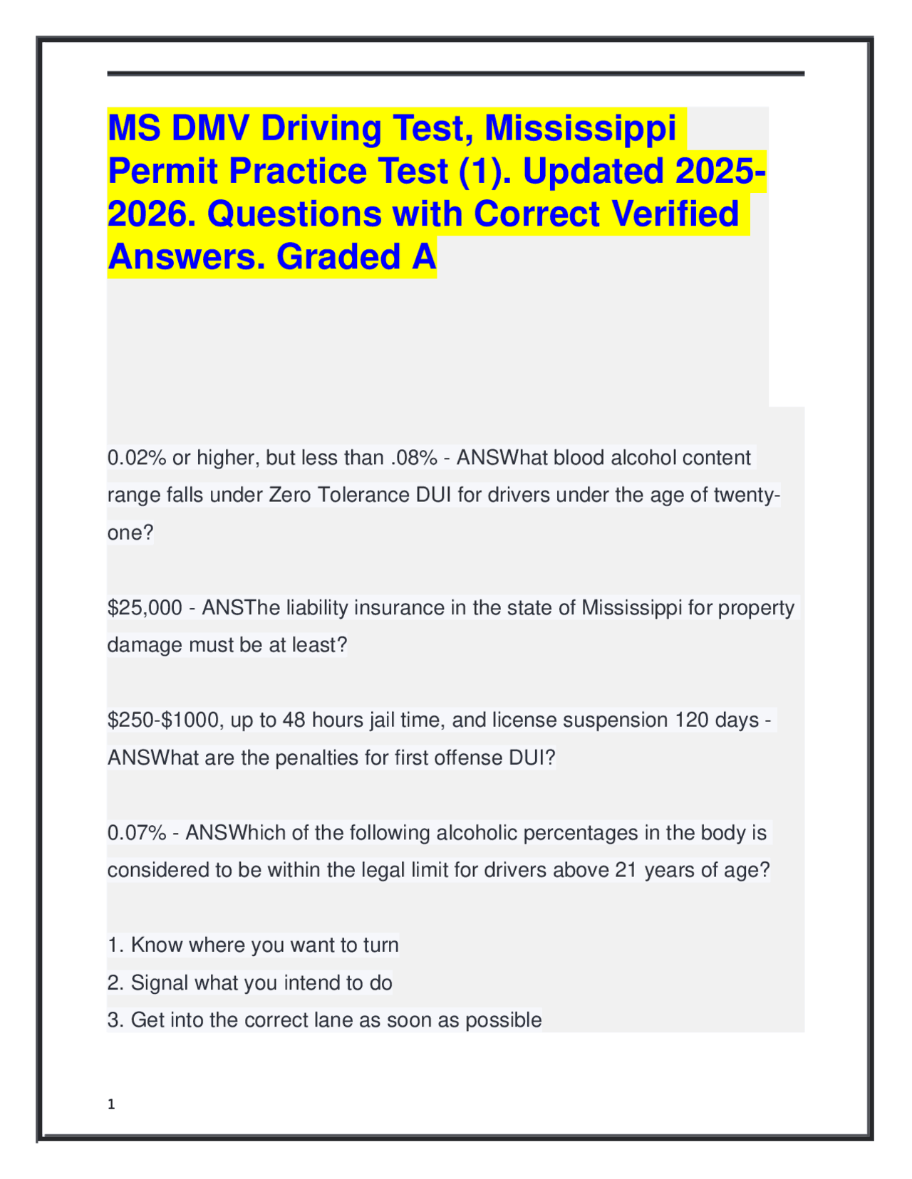 MS DMV Driving Test, Mississippi Permit Practice Test (1). Updated 2025 ...