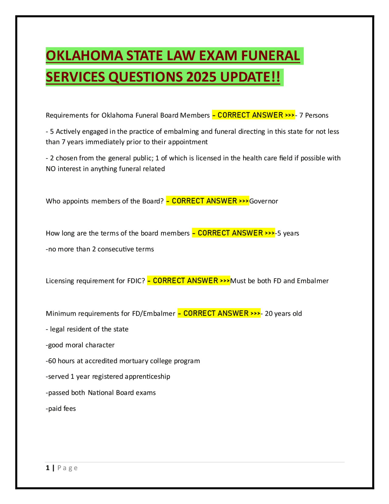 OKLAHOMA STATE LAW EXAM FUNERAL SERVICES QUESTIONS 2025 UPDATE ...