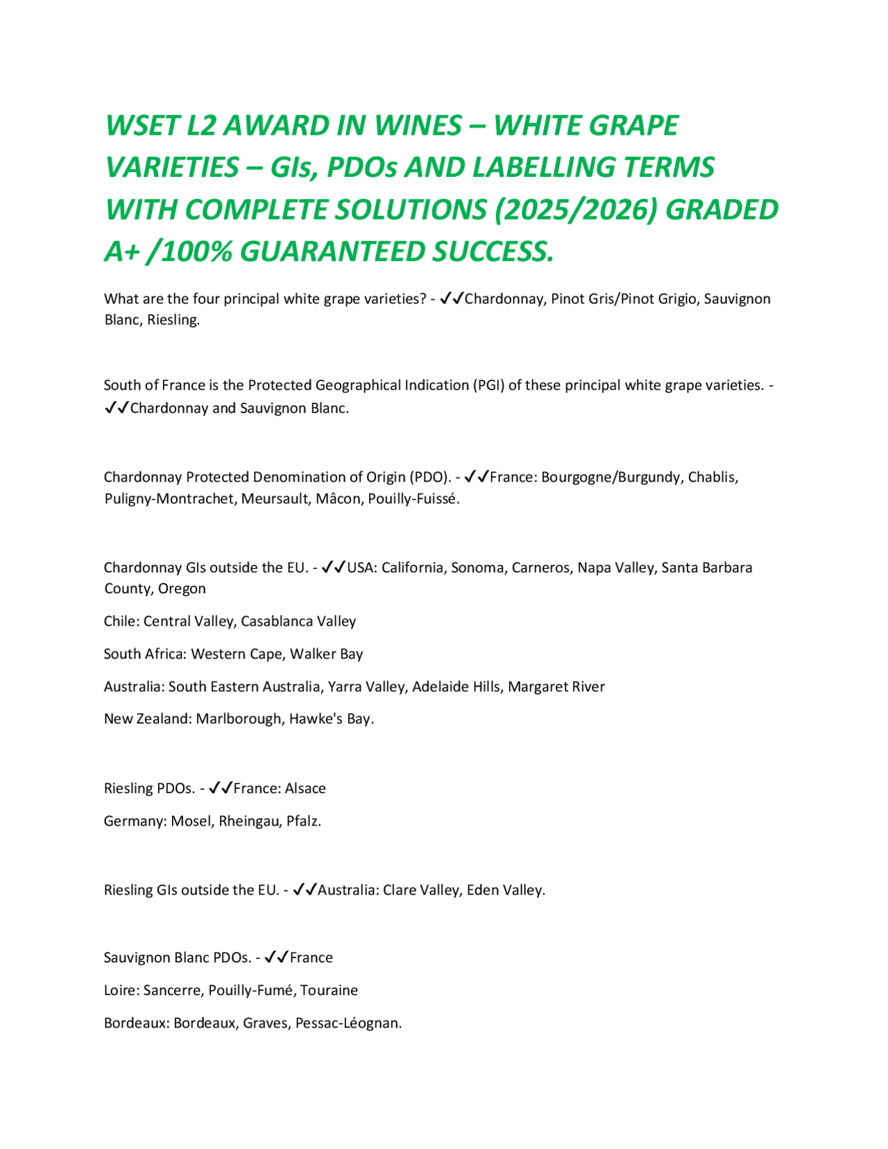 WSET L2 AWARD IN WINES – WHITE GRAPE VARIETIES – GIs, PDOs AND ...