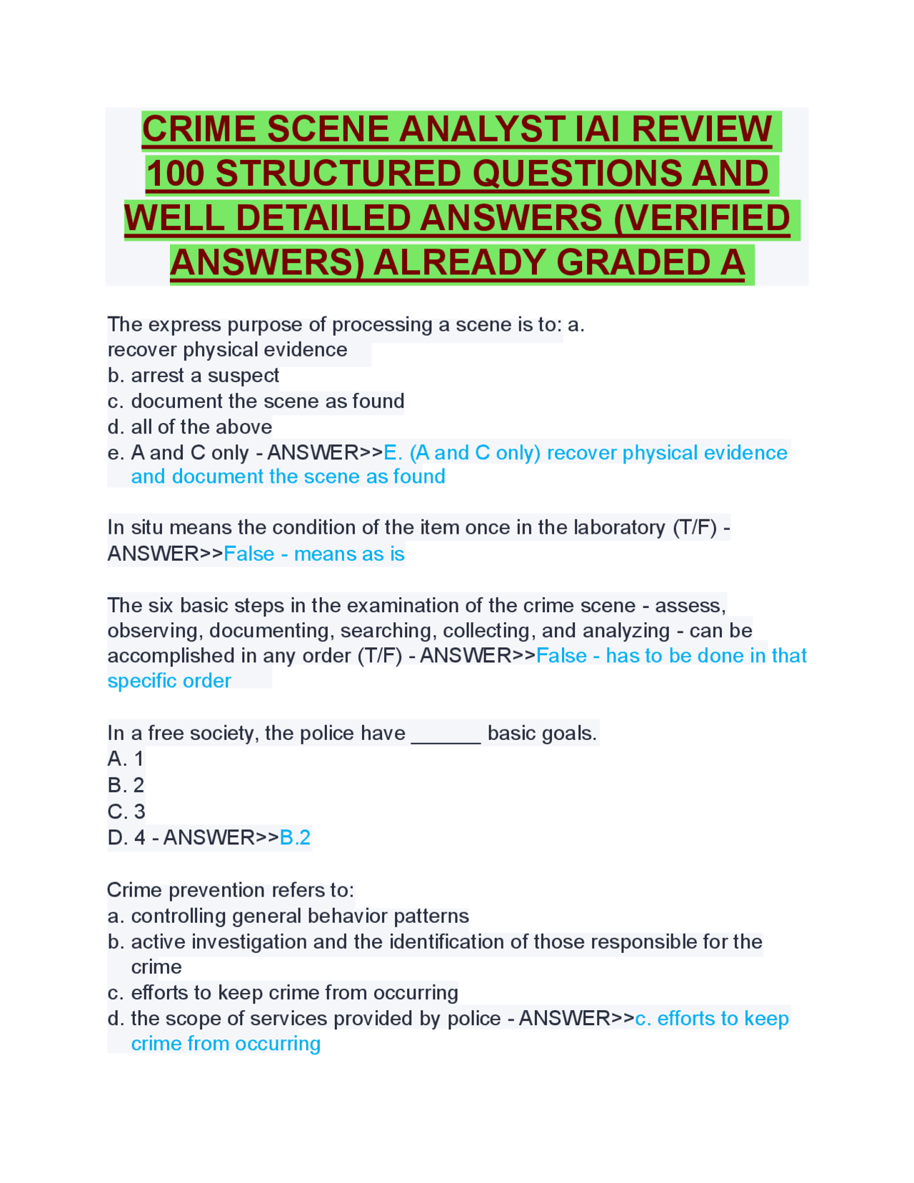 CRIME SCENE ANALYST IAI REVIEW 100 STRUCTURED QUESTIONS AND WELL ...
