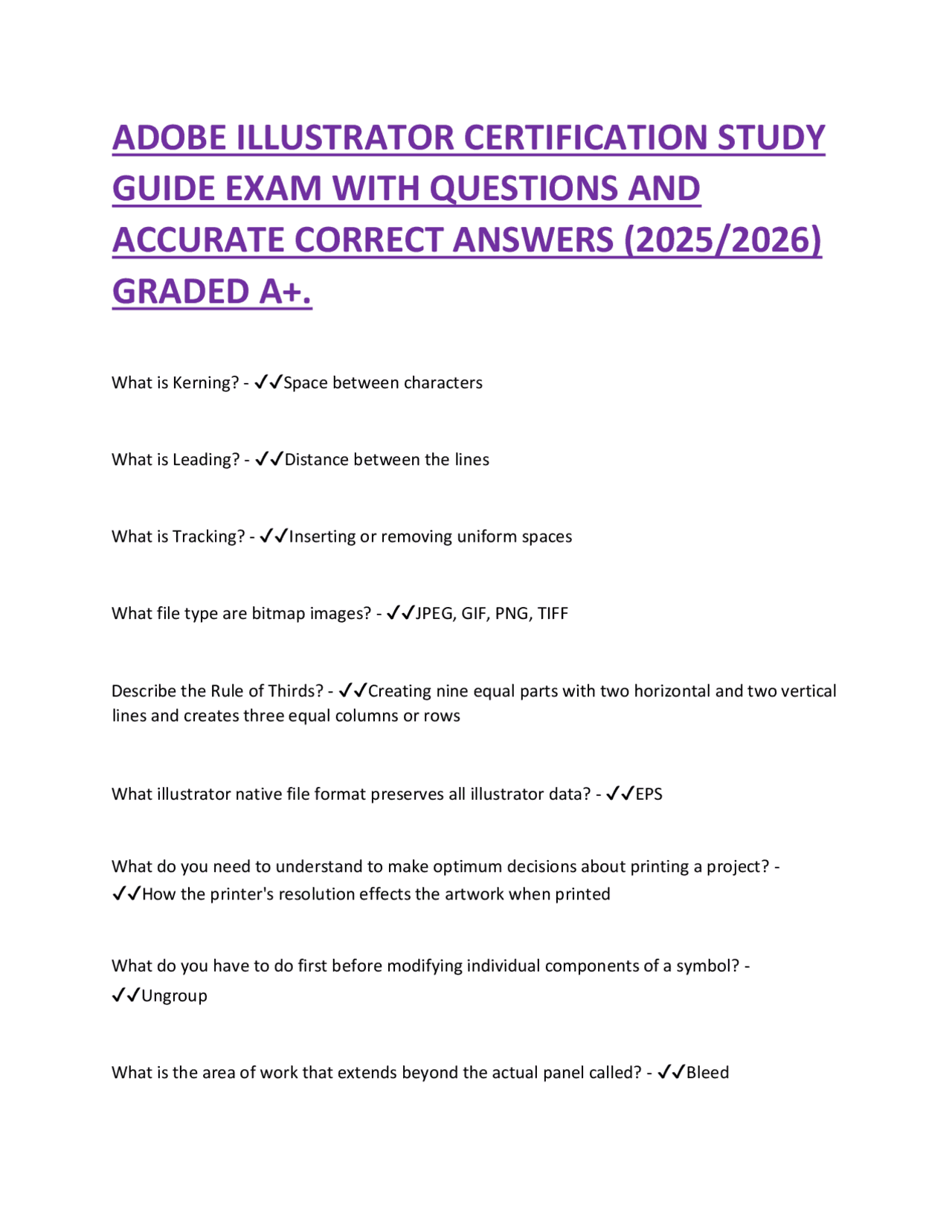 ADOBE ILLUSTRATOR CERTIFICATION STUDY GUIDE EXAM WITH QUESTIONS AND ...