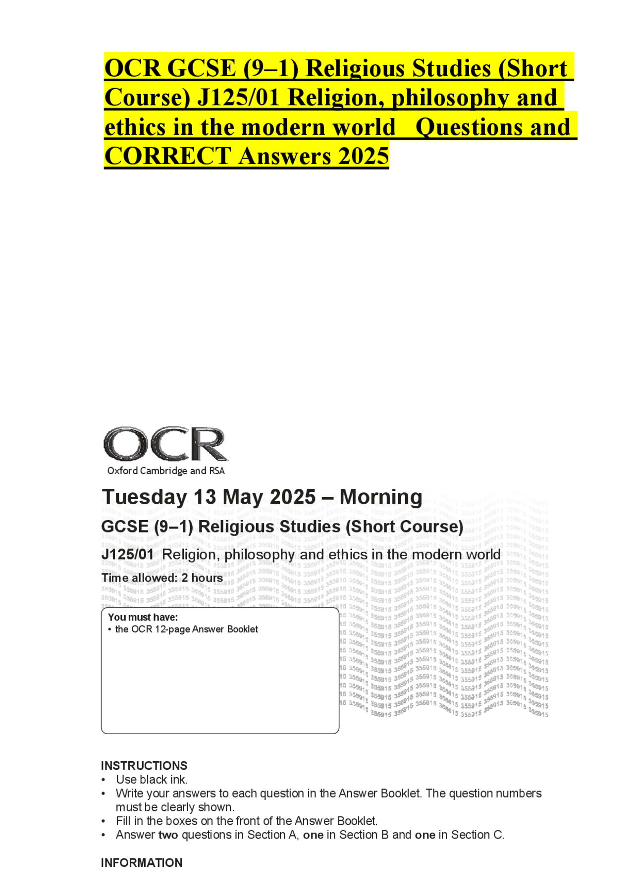 OCR GCSE (9–1) Religious Studies (Short Course) J125/01 Religion ...