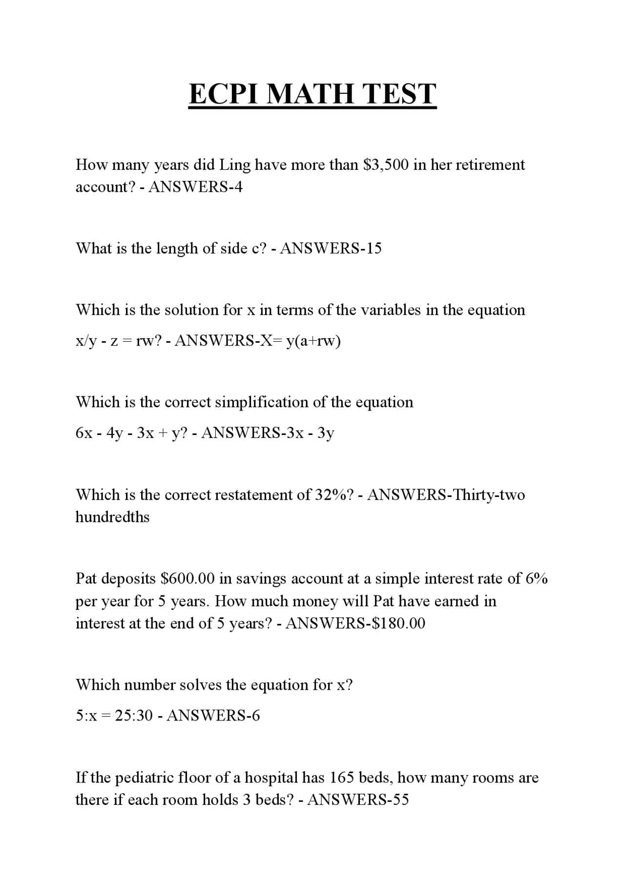 ECPI Math Test Questions and Answers | Exams Mathematics | Docsity