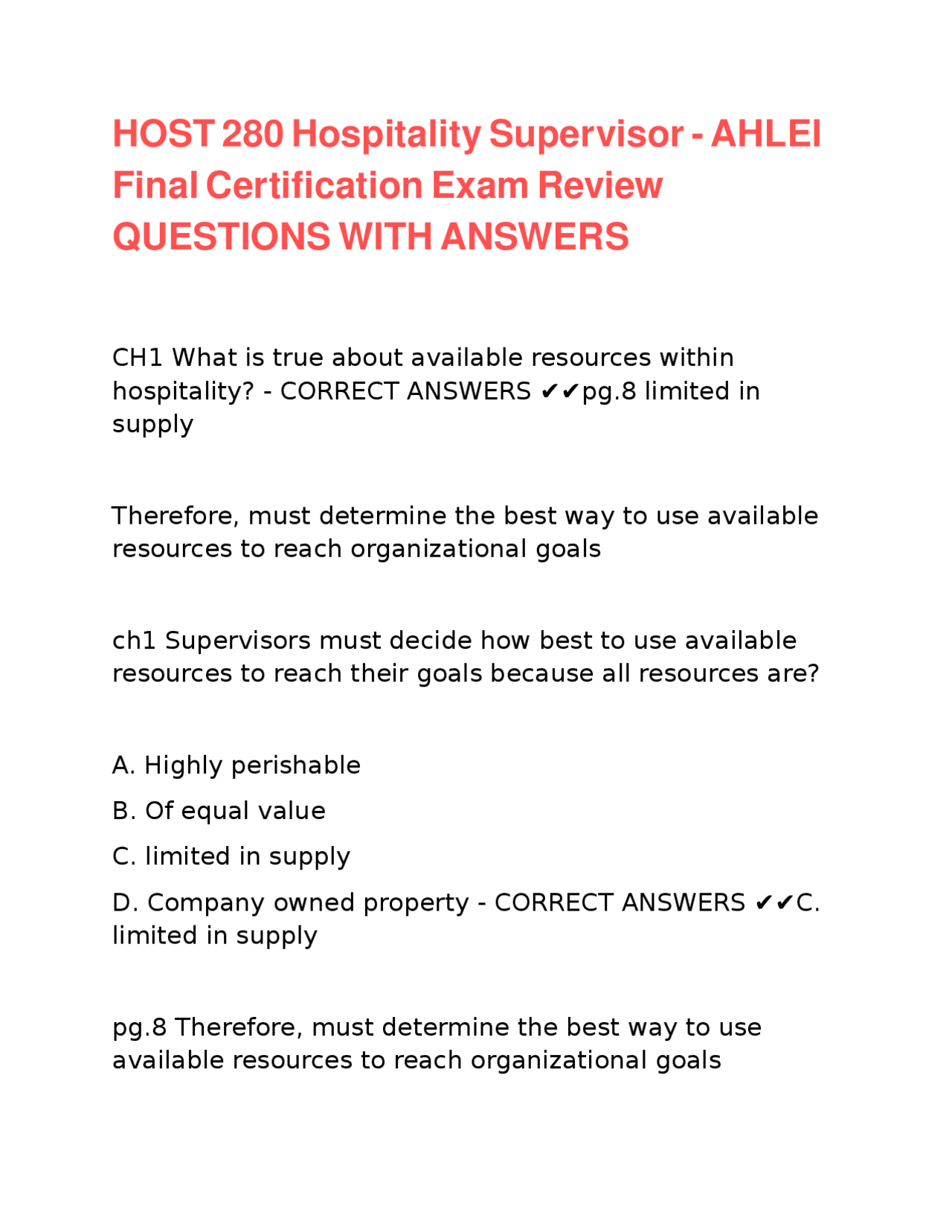 Hospitality Supervisor Certification Exam Review Questions with Answers ...