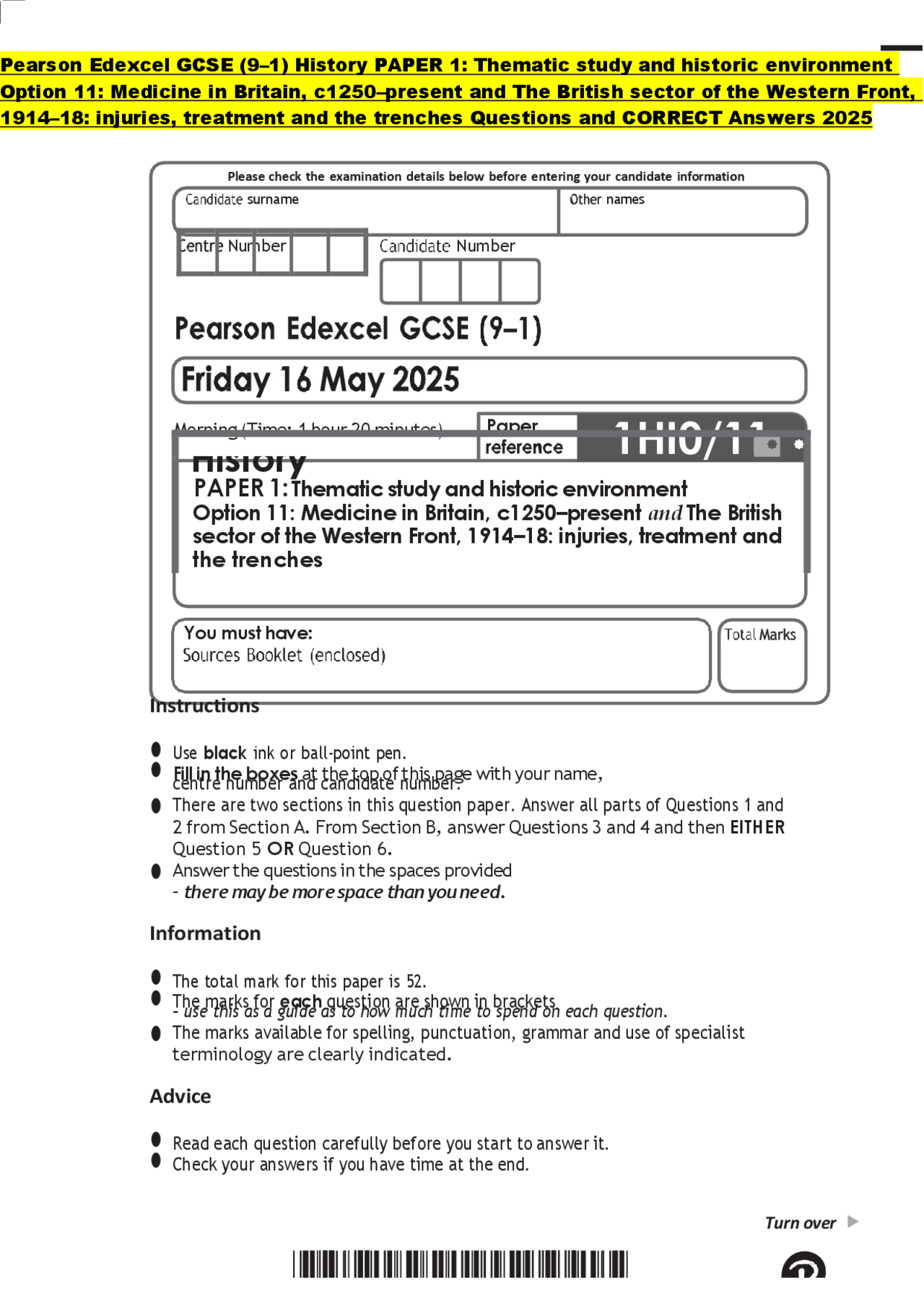 Pearson Edexcel GCSE (9–1) History PAPER 1: Thematic study and historic ...