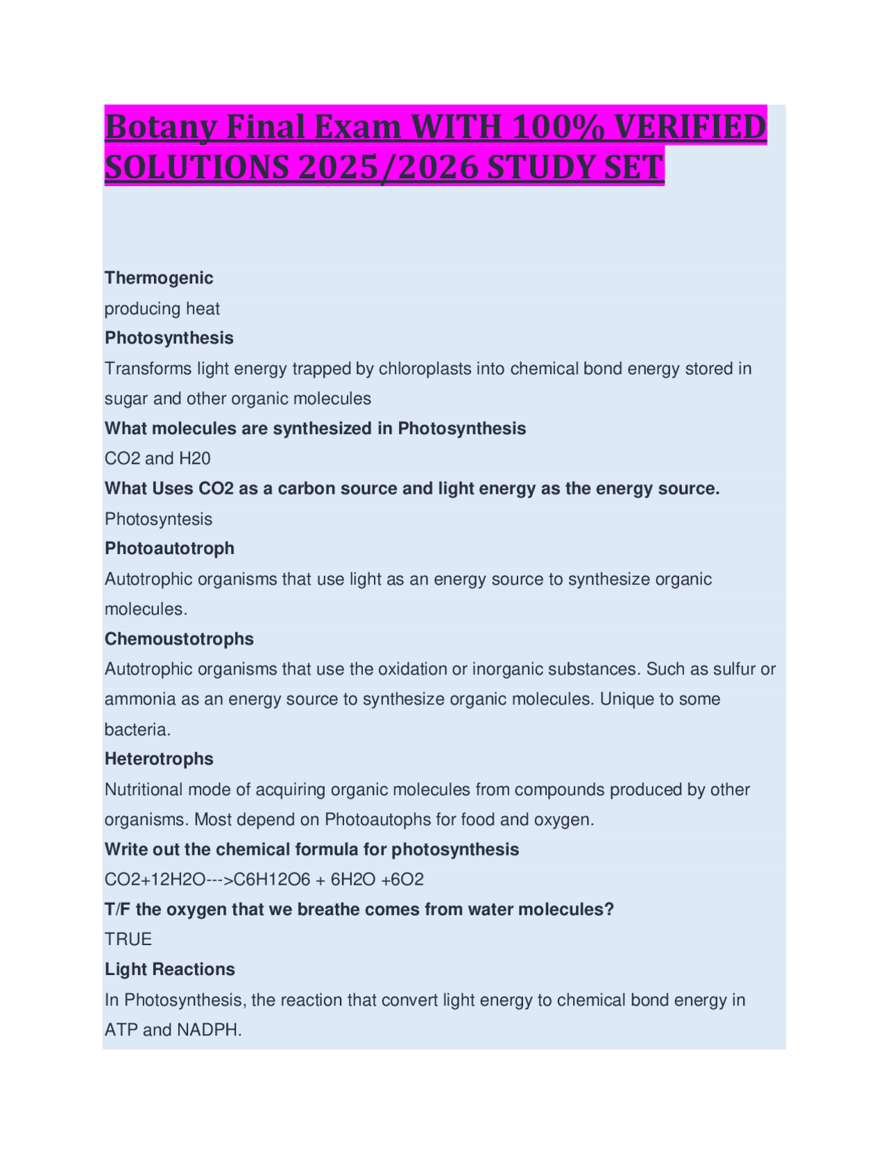 Botany Final Exam Study Set with Verified Solutions | Exams Biology ...