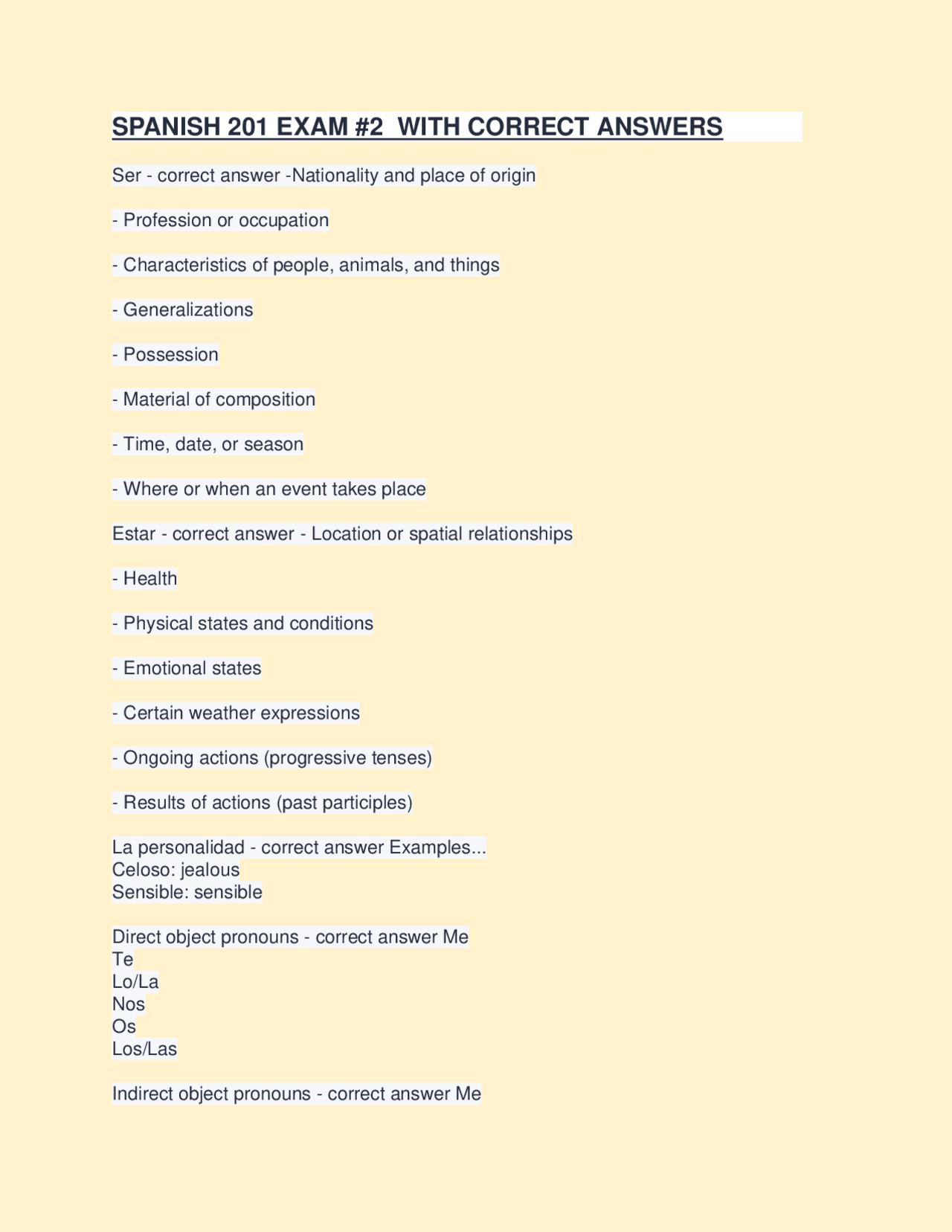 Spanish 201 Exam #2: Verb Conjugations and Pronouns - Prof. Fishal ...