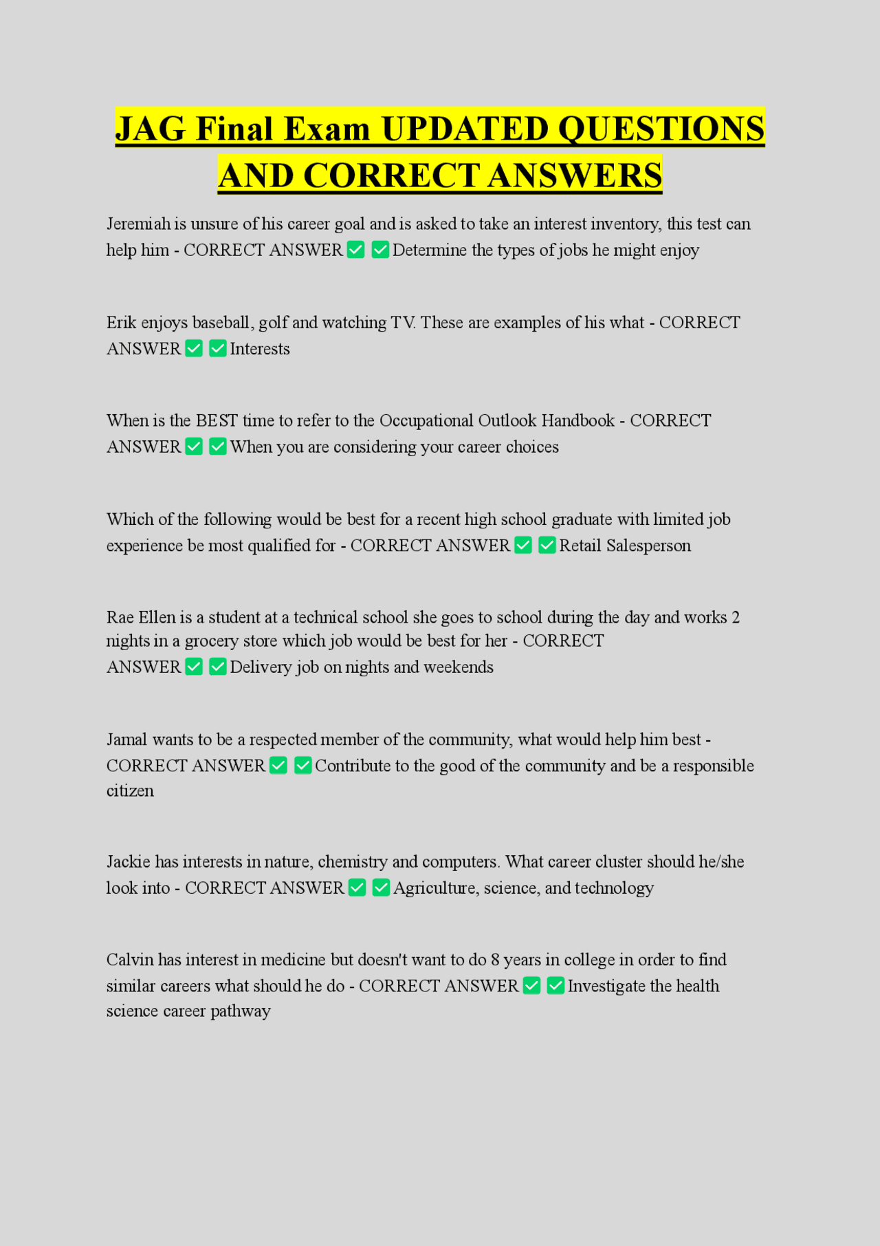 JAG Final Exam UPDATED QUESTIONS AND CORRECT ANSWERS | Exams Medicine ...