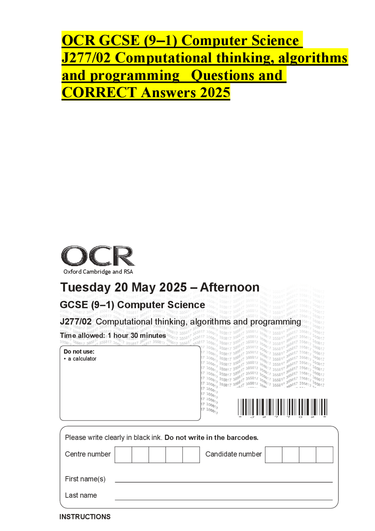 OCR GCSE (9–1) Computer Science J277/02 Computational thinking ...