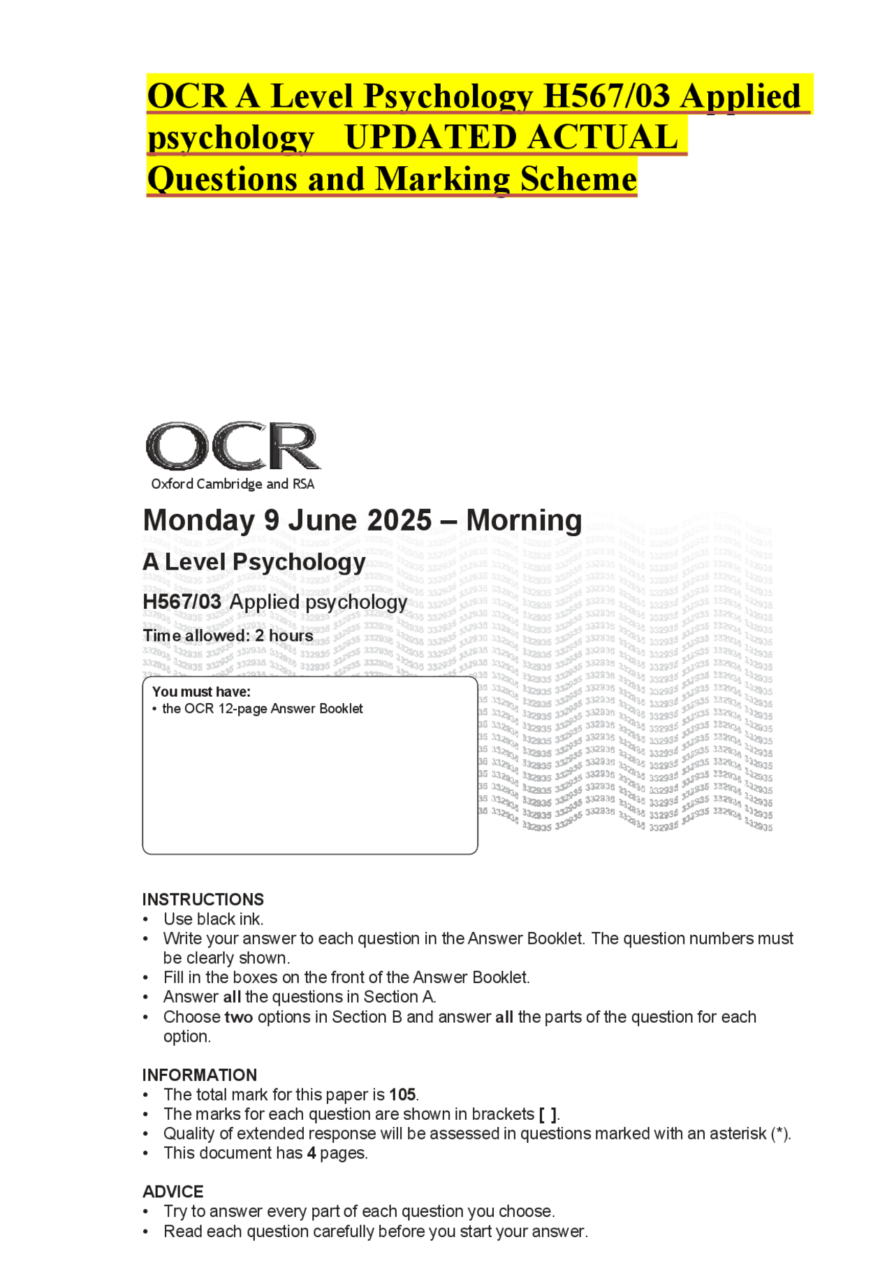 OCR A Level Psychology H567/03 Applied psychology UPDATED ACTUAL ...