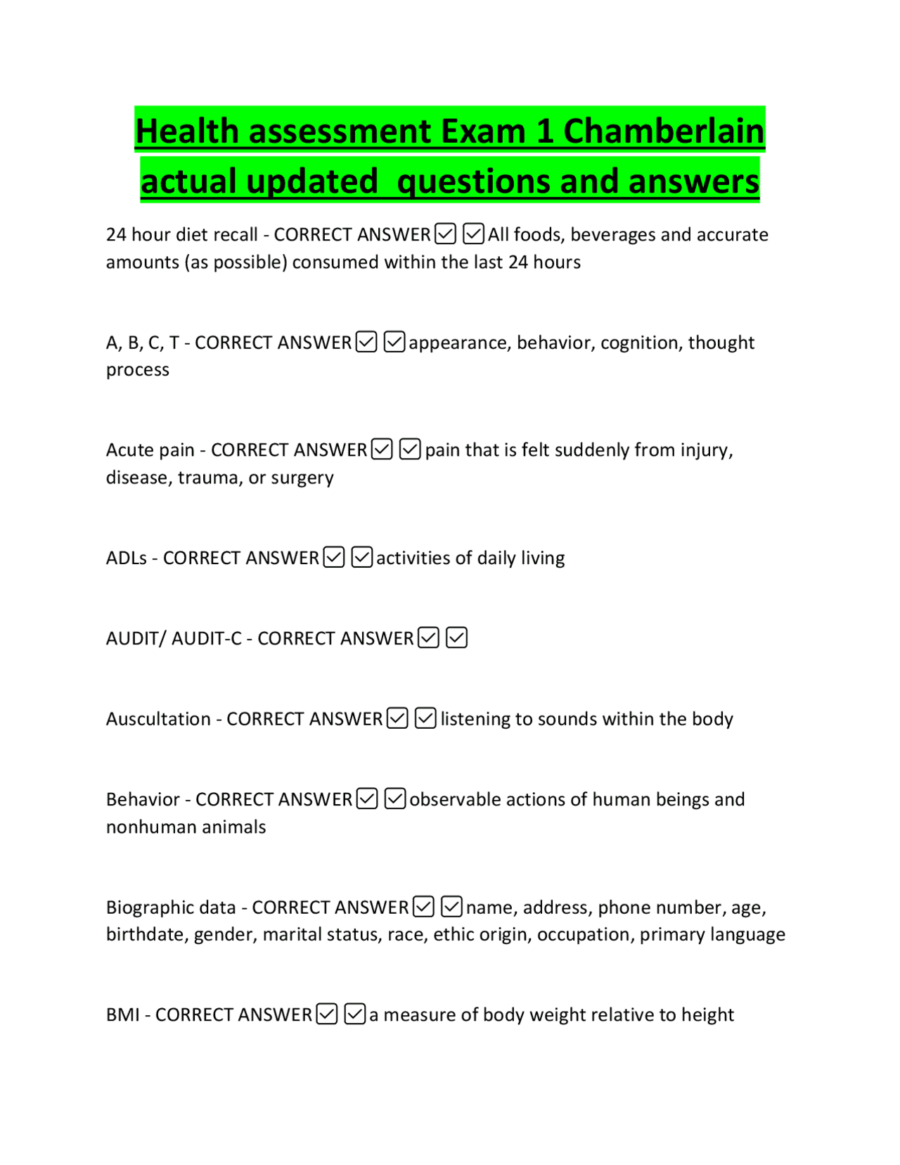 Health Assessment Exam 1: Q&A for Chamberlain Students | Exams Medicine ...