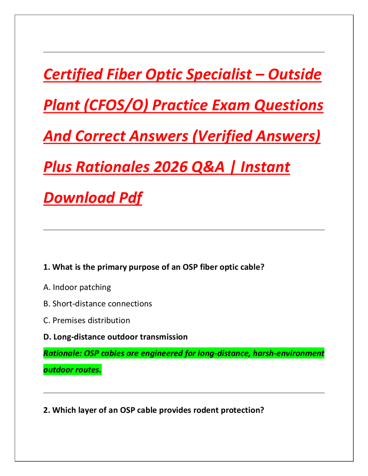Certified Fiber Optic Specialist – Outside Plant (CFOS/O) Practice Exam ...