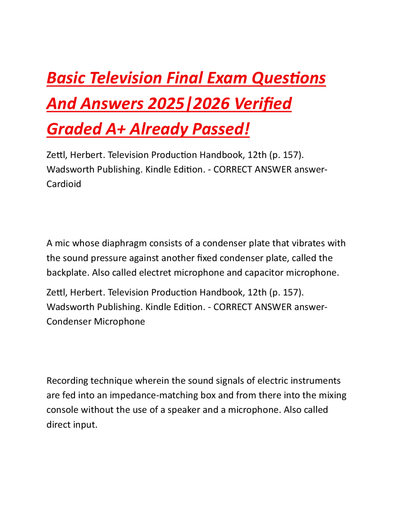 Basic Television Final Exam Questions And Answers 2025|2026 Verified ...