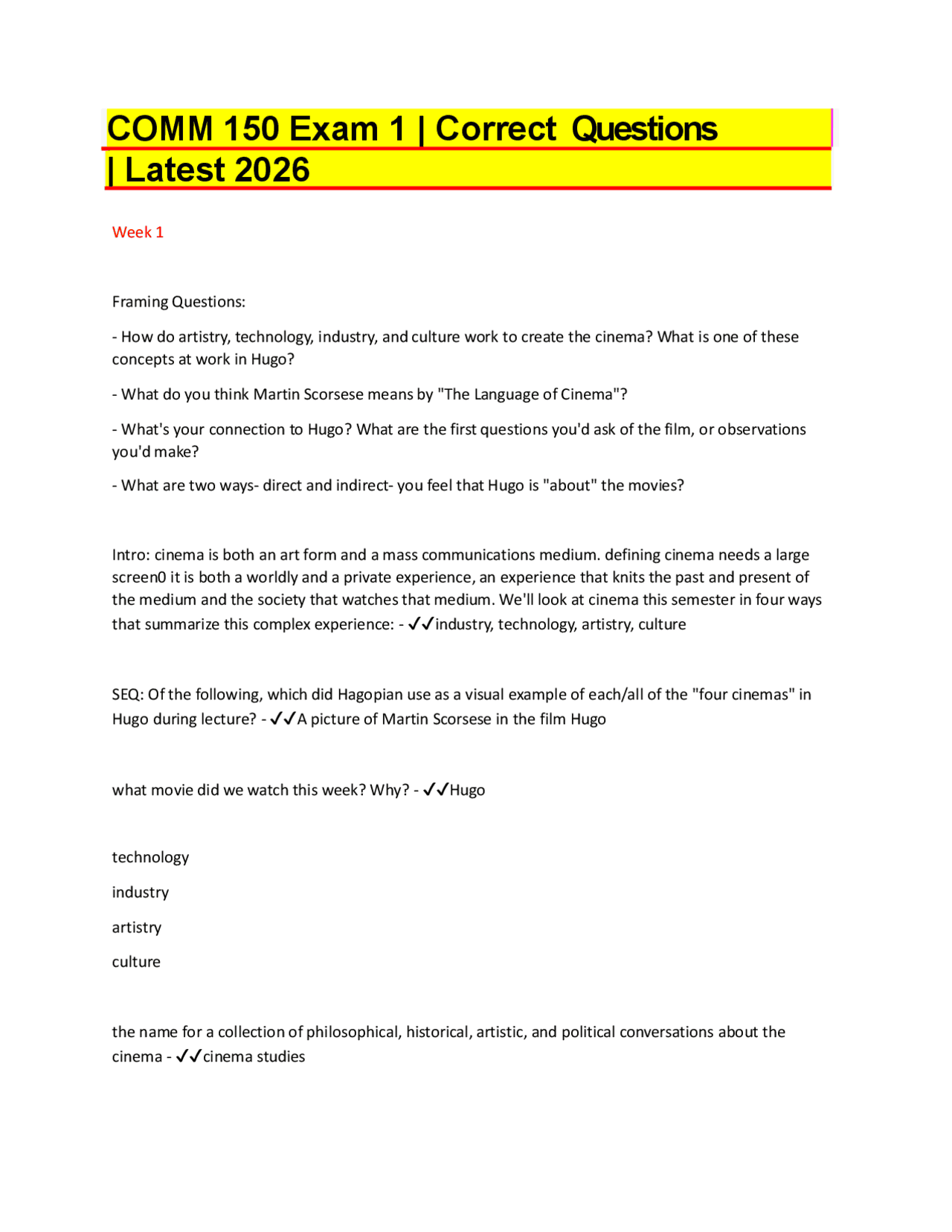 COMM 150 Exam 1: Cinema Studies Questions and Answers | Exams History ...