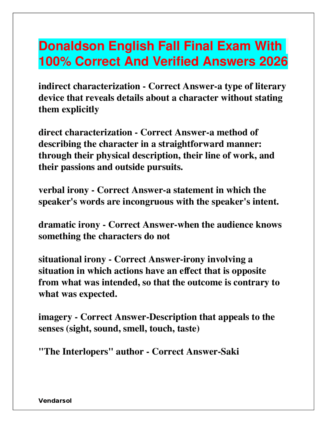 Donaldson English Fall Final Exam: Q&A on Literary Devices and Plots ...
