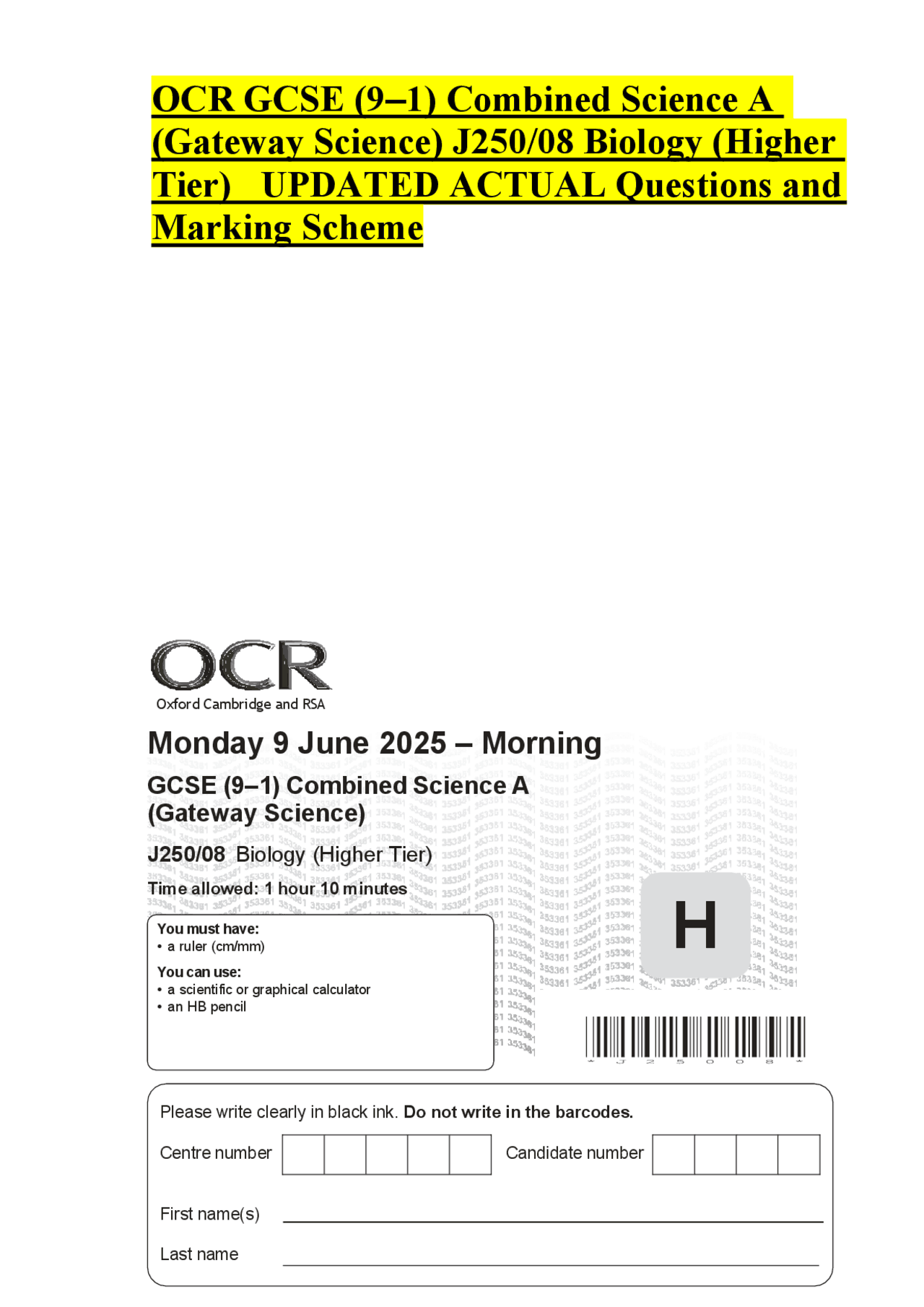 OCR GCSE (9–1) Combined Science A (Gateway Science) J250/08 Biology ...