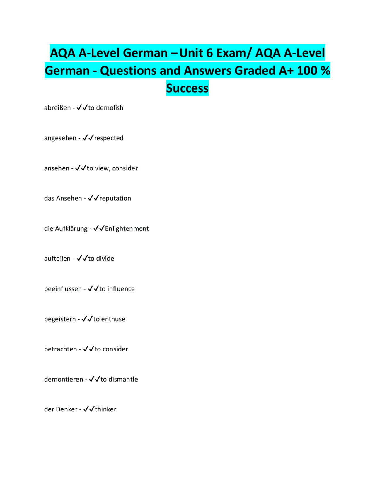 AQA A-Level German Vocabulary: Key Terms and Definitions | Exams German ...