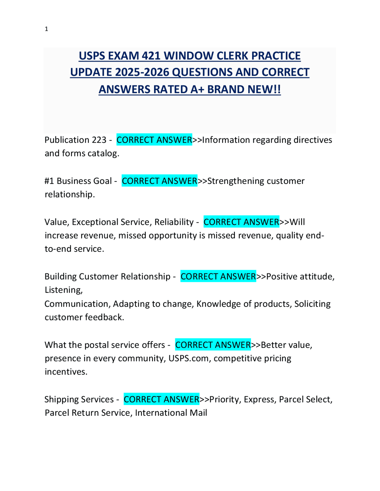 USPS Exam 421 Window Clerk Practice Questions and Answers 2025-2026 ...