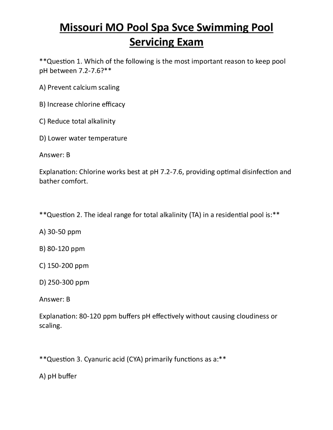 Missouri Pool and Spa Service Exam Questions and Answers | Exams ...