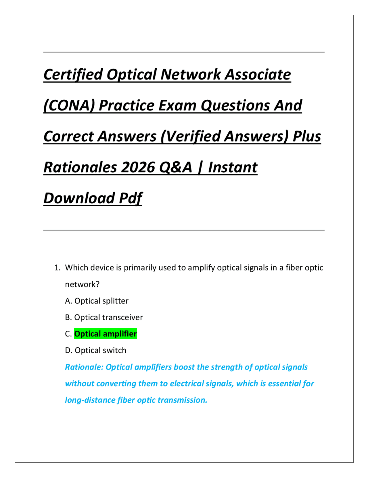 Certified Optical Network Associate (CONA) Practice Exam Questions And ...