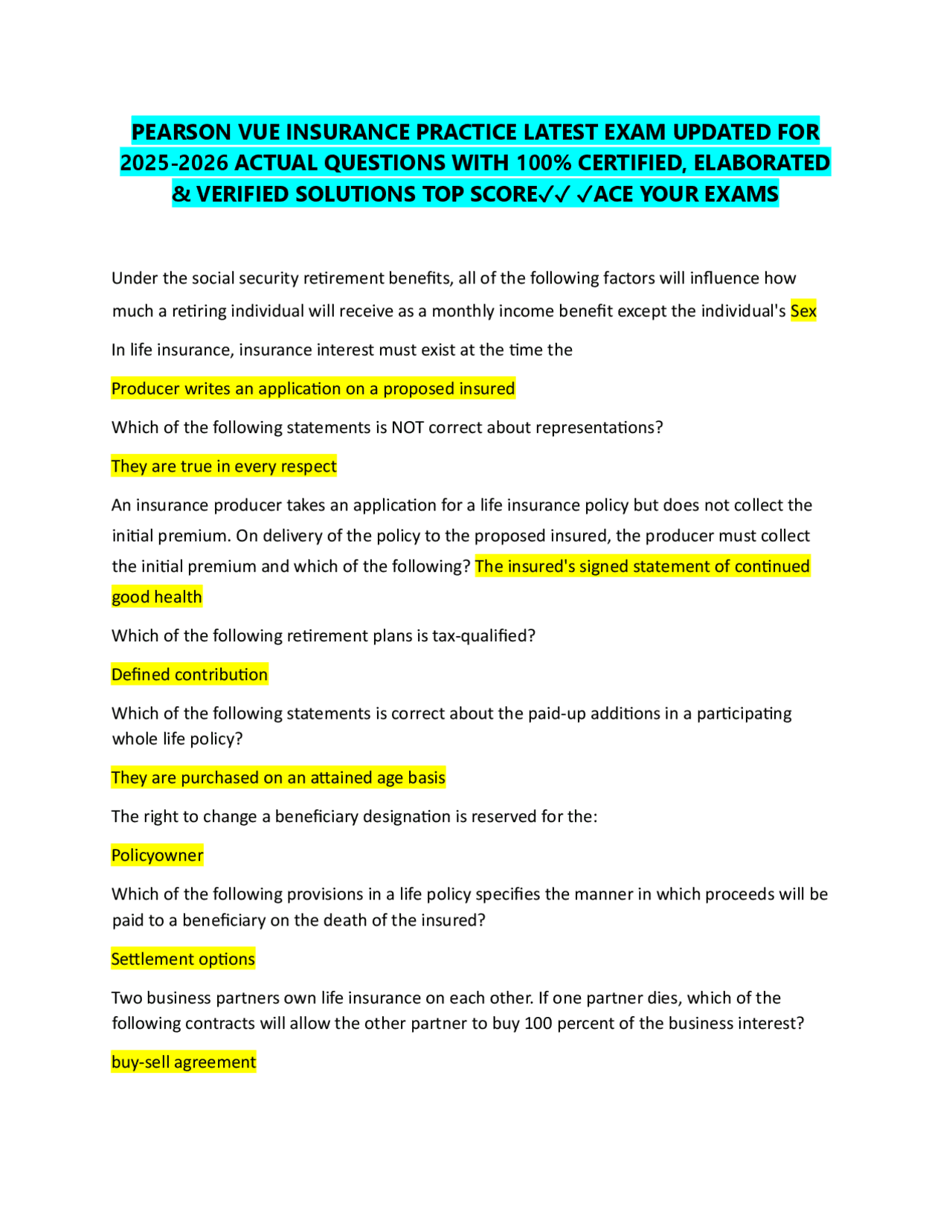 Insurance Practice Exam Questions and Answers 2025-2026 | Exams ...