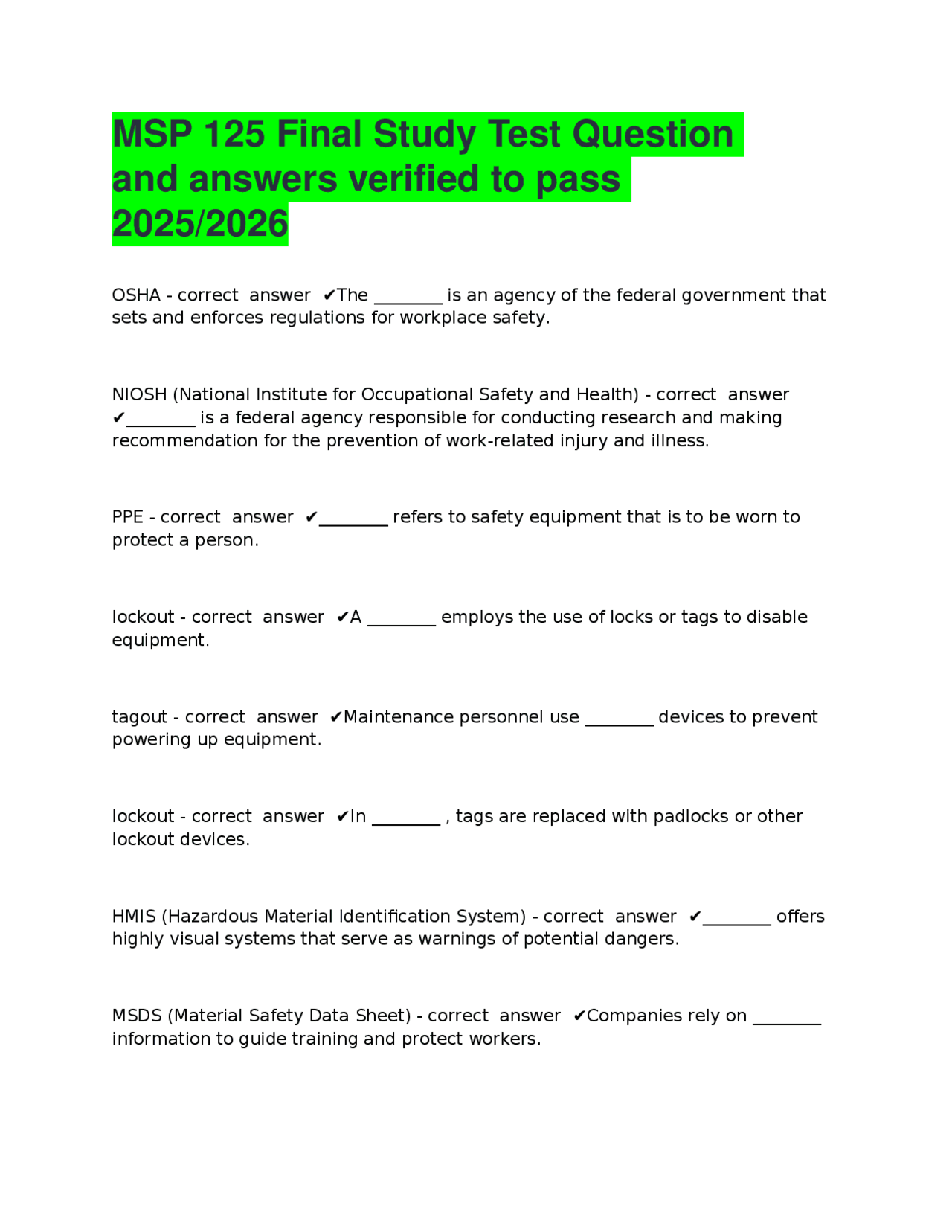 MSP 125 Final Study Test Question and answers verified to pass 2025/ ...