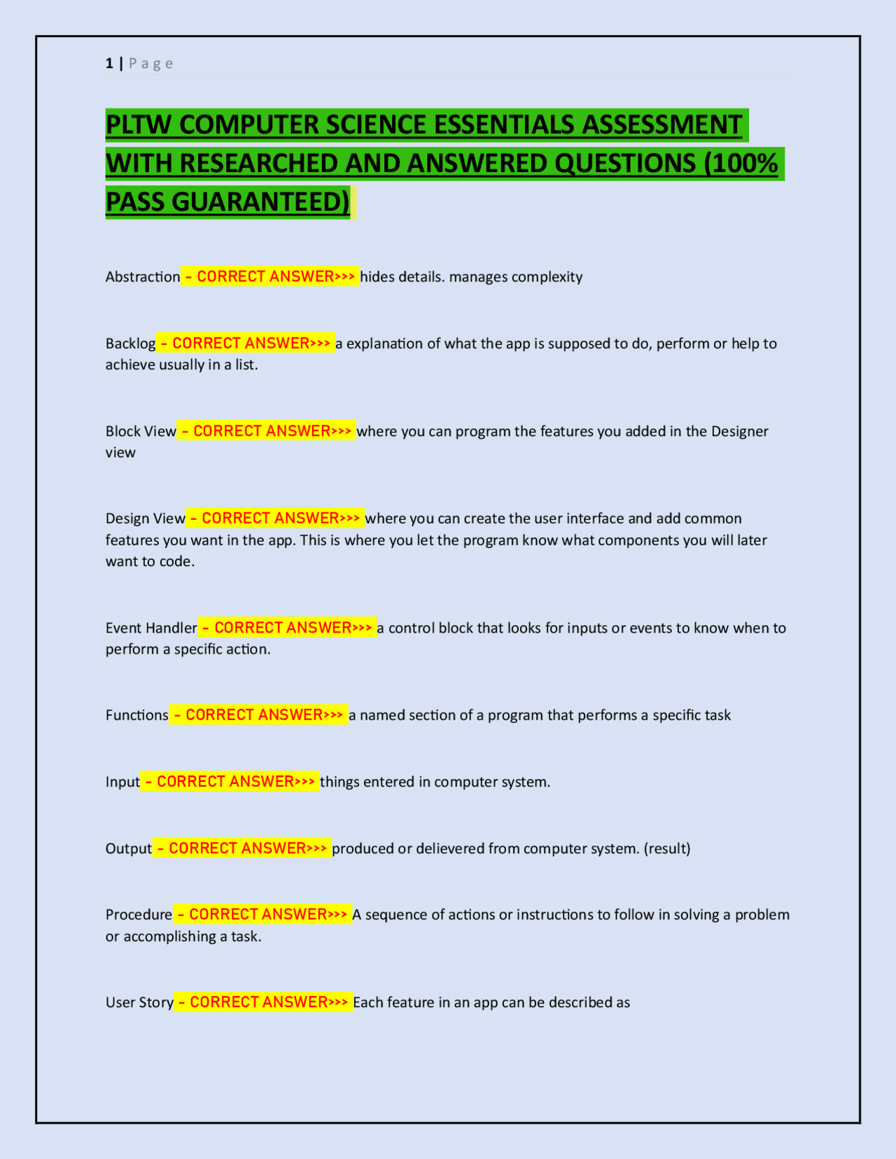 Computer Science Essentials: Q&A for PLTW Assessment | Exams Nursing ...