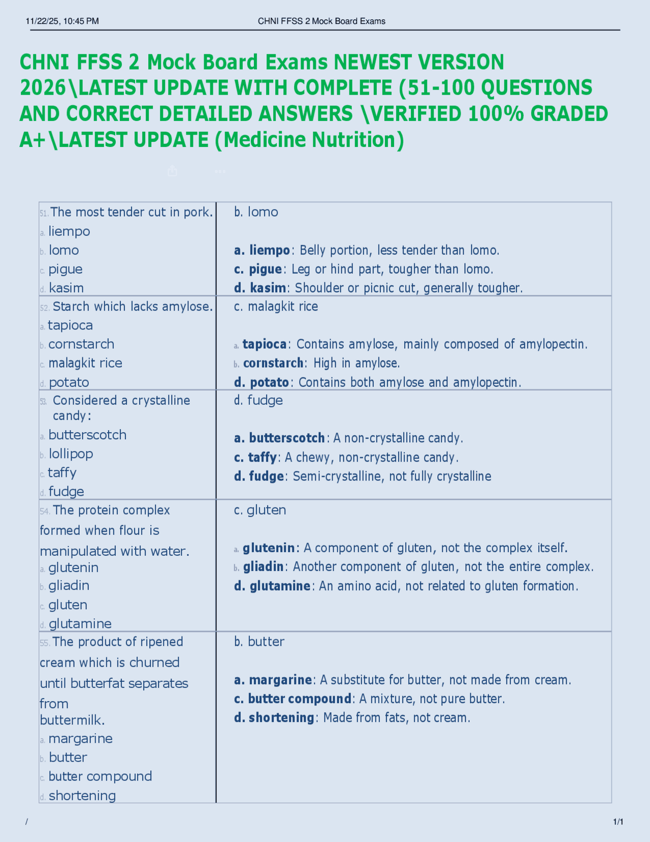 Nutrition and Food Science Mock Board Exam: Questions and Answers ...