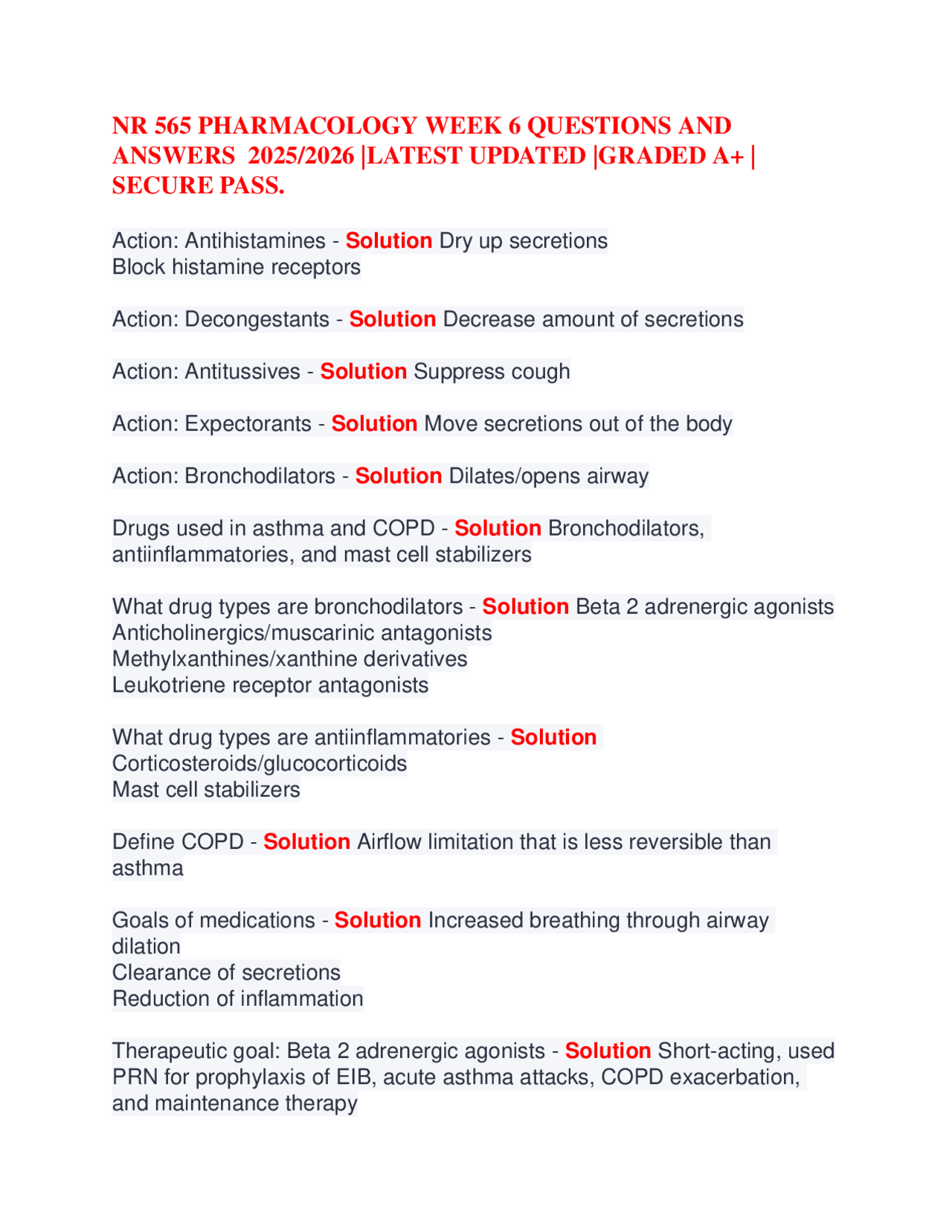 NR 565 PHARMACOLOGY WEEK 6 QUESTIONS AND ANSWERS 2025/2026 |LATEST ...