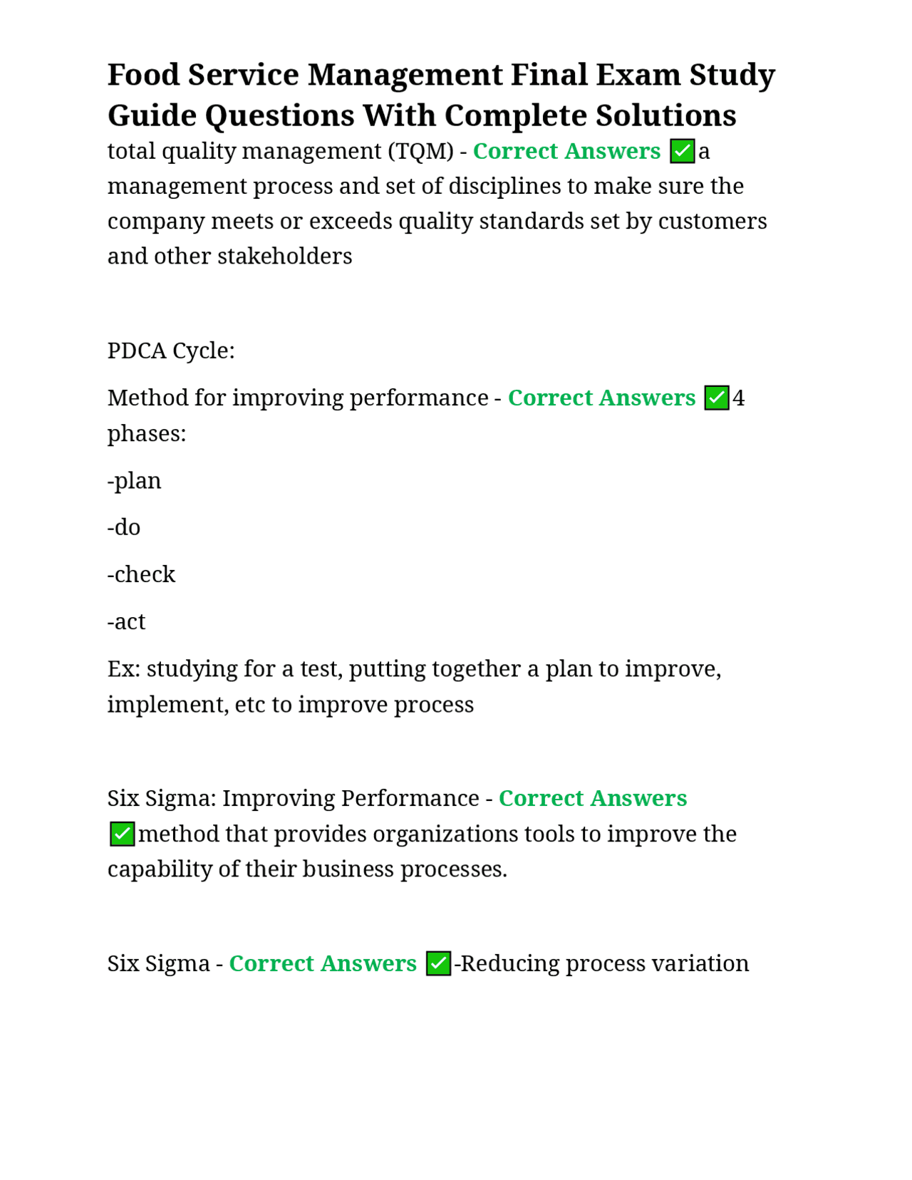 Food Service Management Exam Study Guide with Solutions | Exams ...