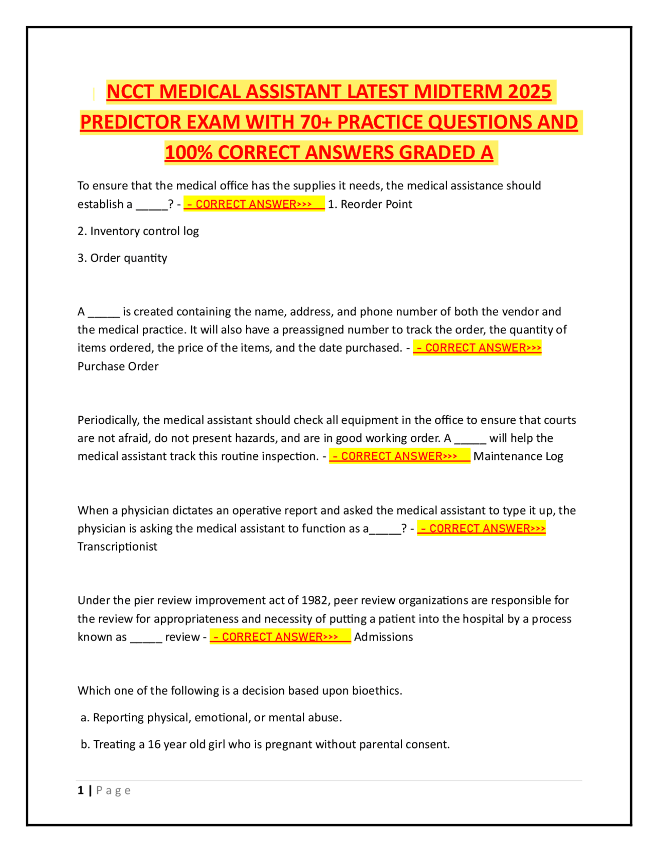NCCT MEDICAL ASSISTANT LATEST MIDTERM 2025 PREDICTOR EXAM WITH 70 ...