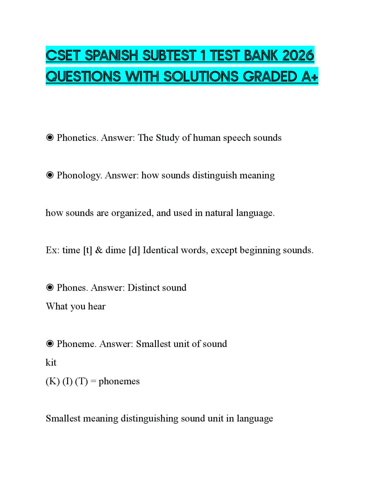 CSET SPANISH SUBTEST 1 TEST BANK 2026 QUESTIONS WITH SOLUTIONS GRADED ...