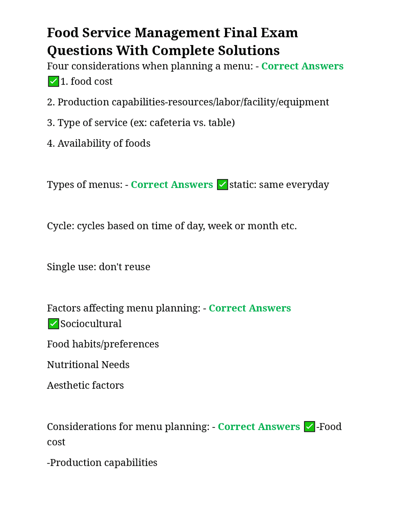Food Service Management Final Exam Questions and Solutions | Exams ...