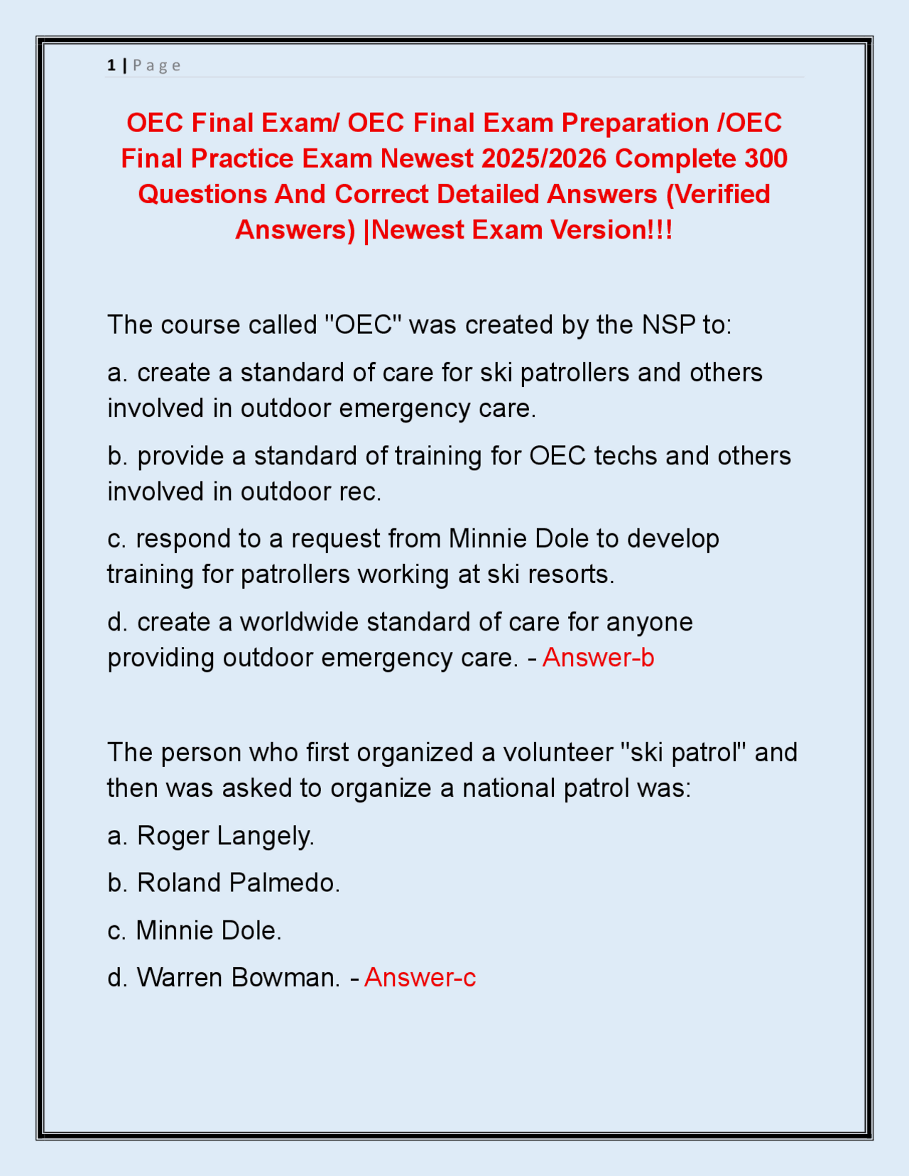 OEC Final Exam Prep: 300 Questions & Answers for 2025/2026 | Exams ...