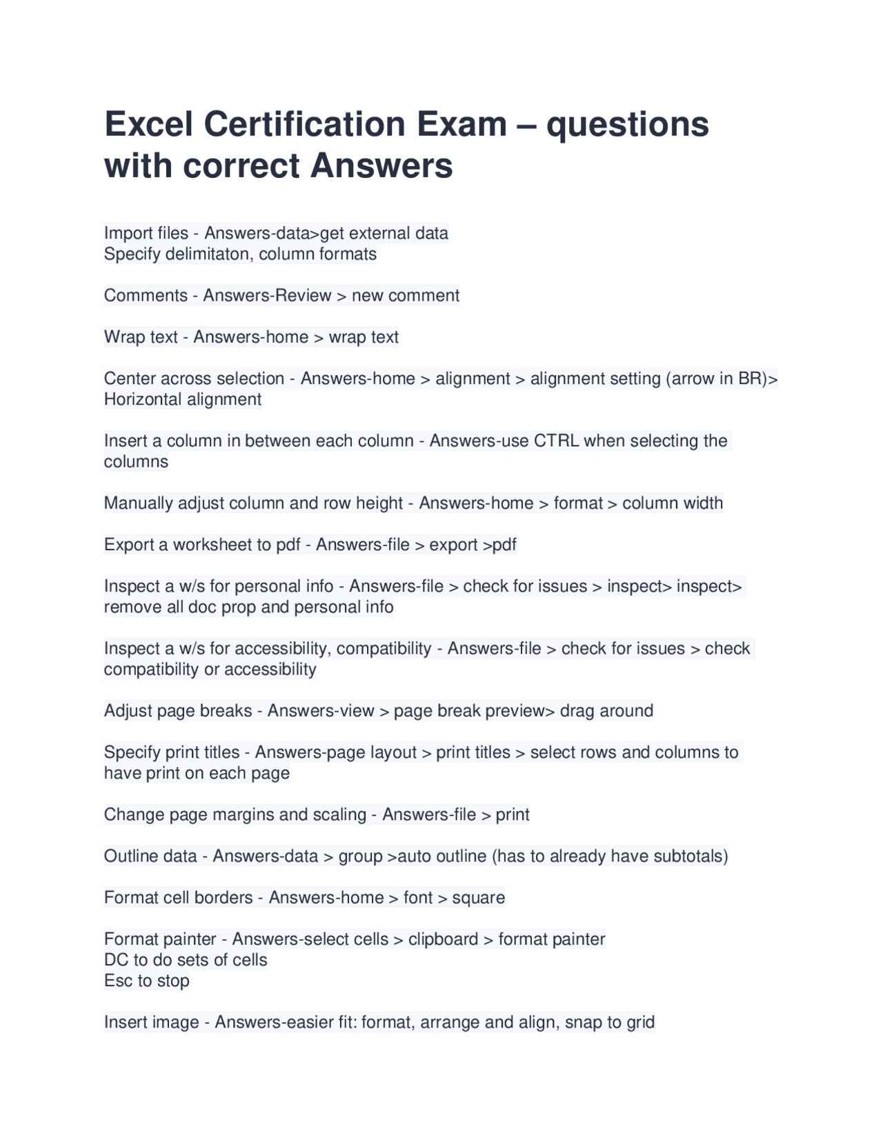 Excel Certification Exam Questions and Answers | Exams Nursing | Docsity