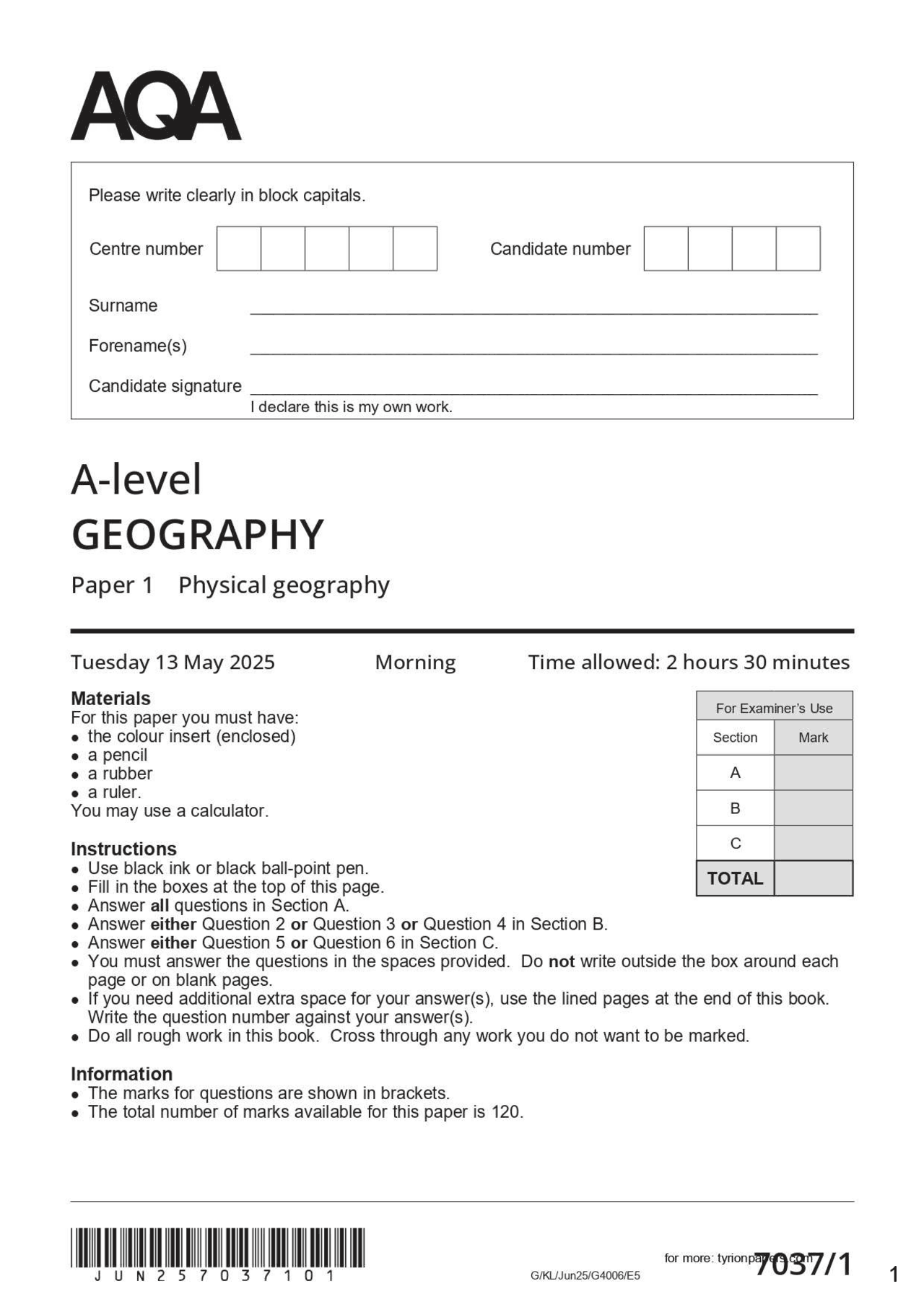 Actual 2025 AQA A-level GEOGRAPHY 7037/1 Paper 1 Question Paper + Mark ...