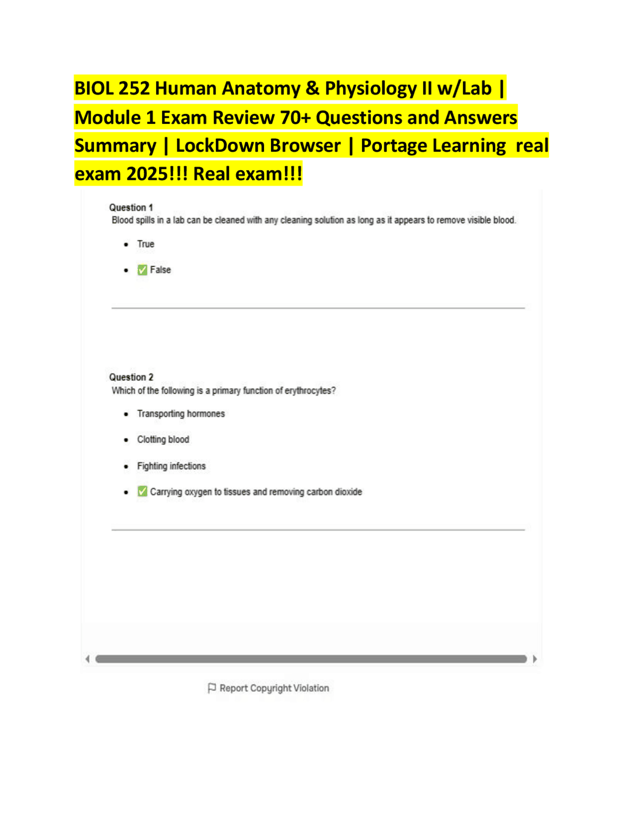 BIOL252 Human Anatomy & Physiology II w/Lab 2025 | Module 1 Exam Review ...