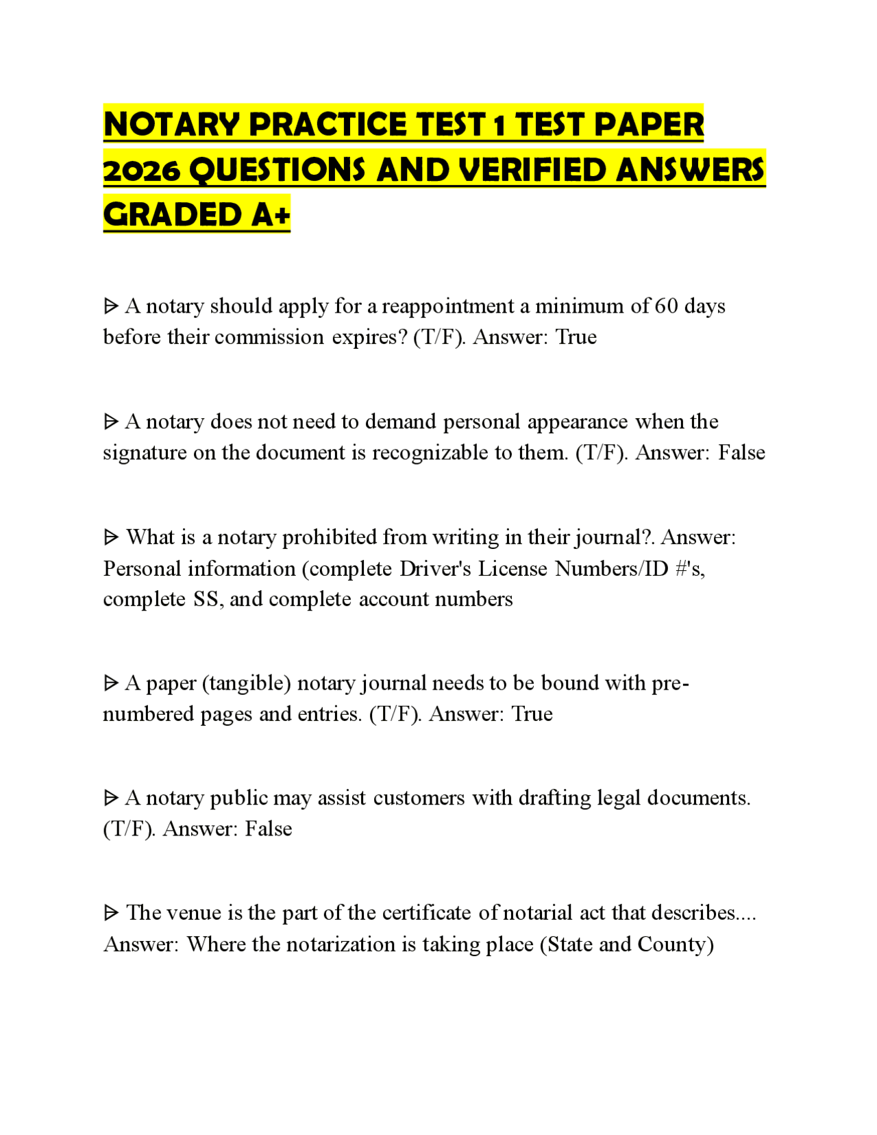 NOTARY PRACTICE TEST 1 TEST PAPER 2026 QUESTIONS AND VERIFIED ANSWERS ...