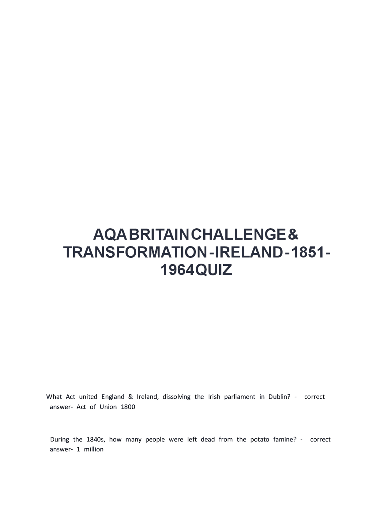 AQA Britain Challenge & Transformation - Ireland 1851-1964 Quiz | Exams ...