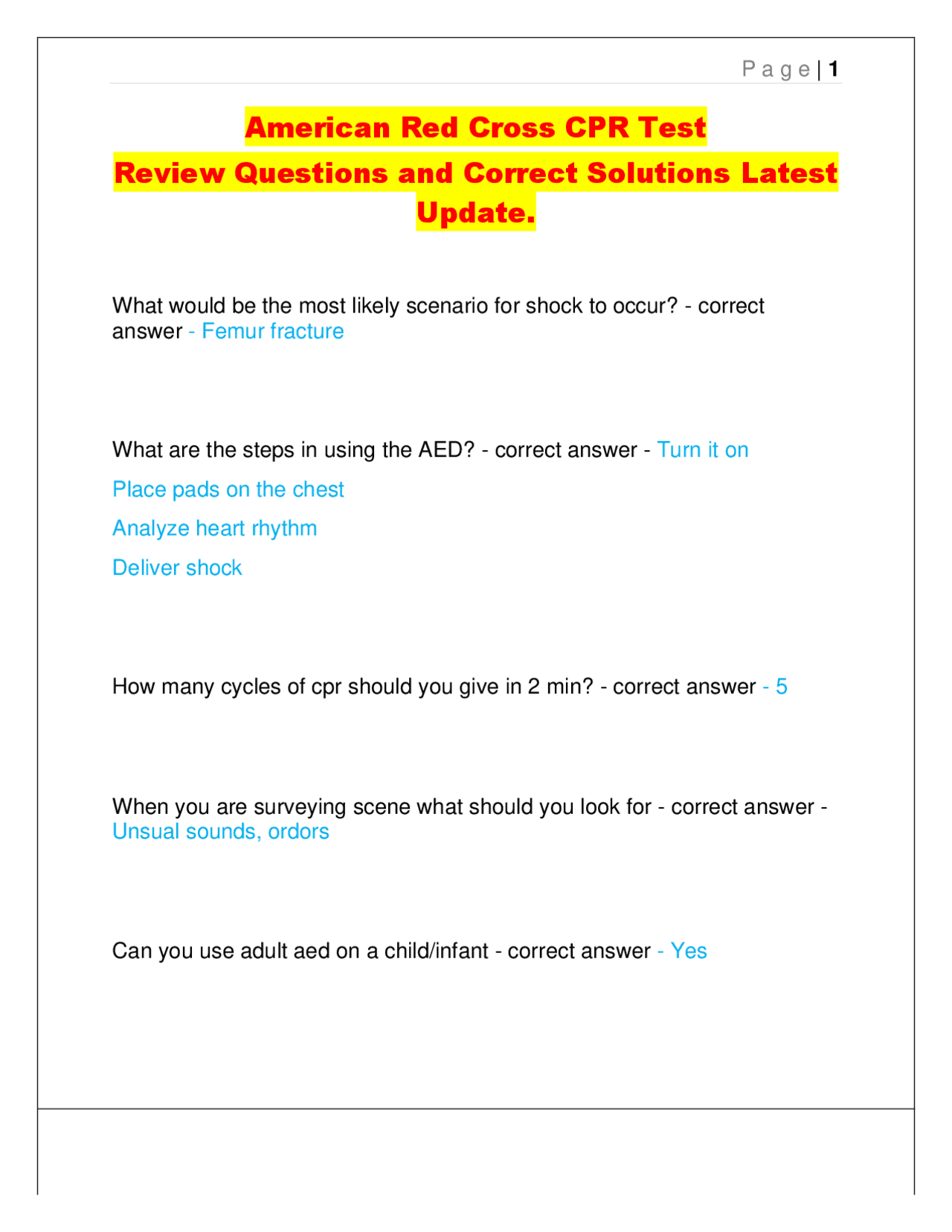American Red Cross CPR Test Review Questions and Correct Solutions ...