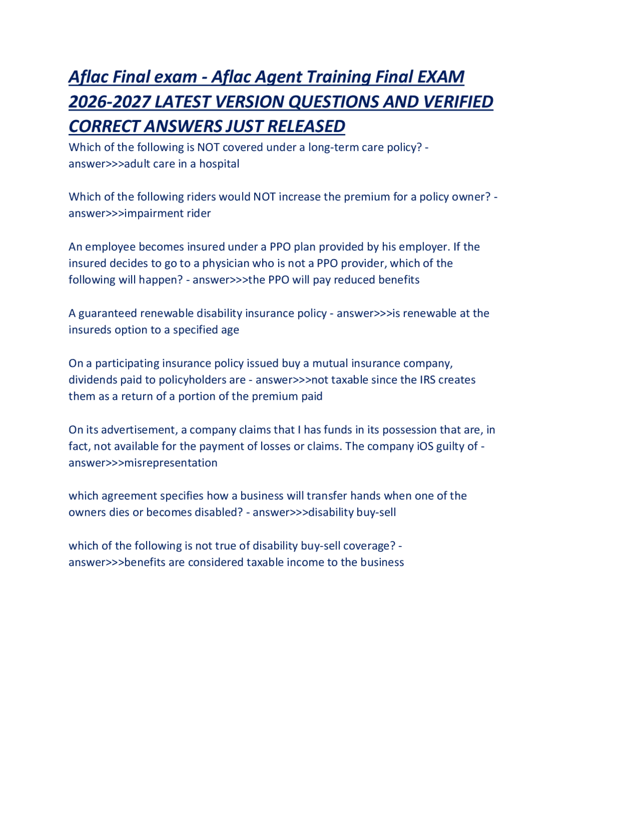 Aflac Agent Training Final Exam Questions and Answers 2026-2027 | Exams ...