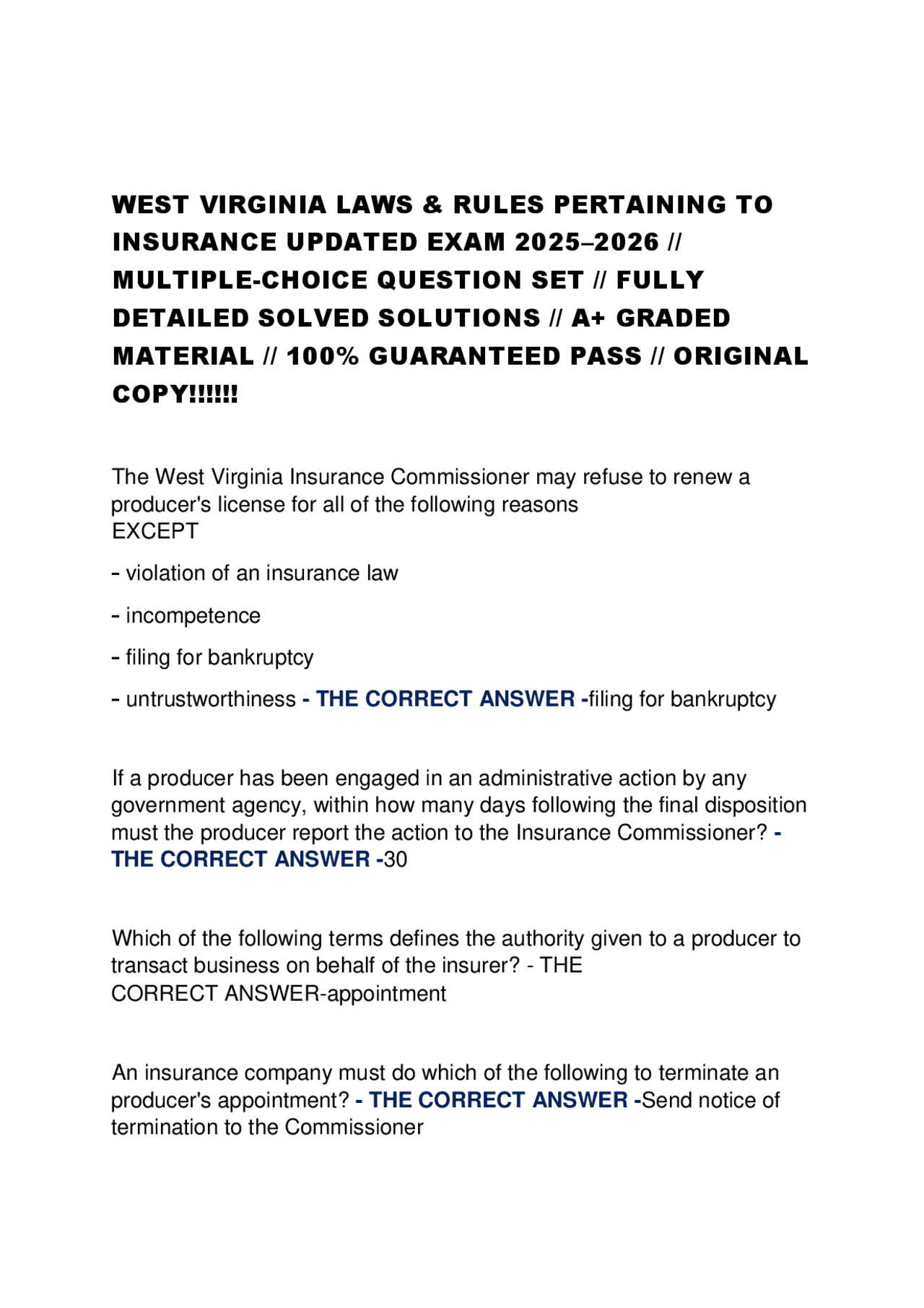 WEST VIRGINIA LAWS & RULES PERTAINING TO INSURANCE UPDATED EXAM 2025 ...
