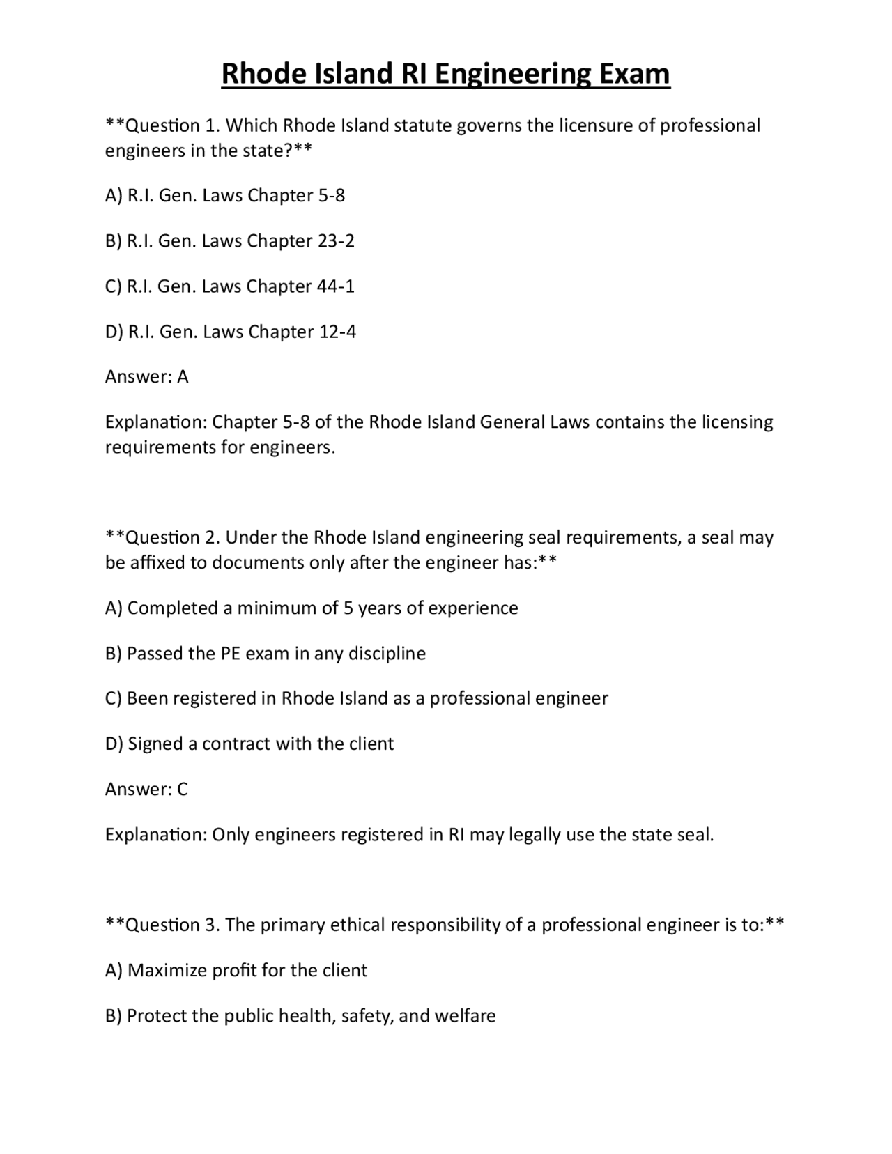 Rhode Island Engineering Exam Questions and Answers | Exams Technology ...