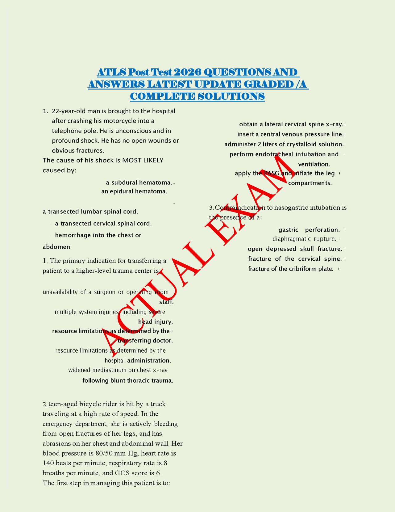 ATLS Post Test Questions and Answers 2026: Trauma Management Review ...
