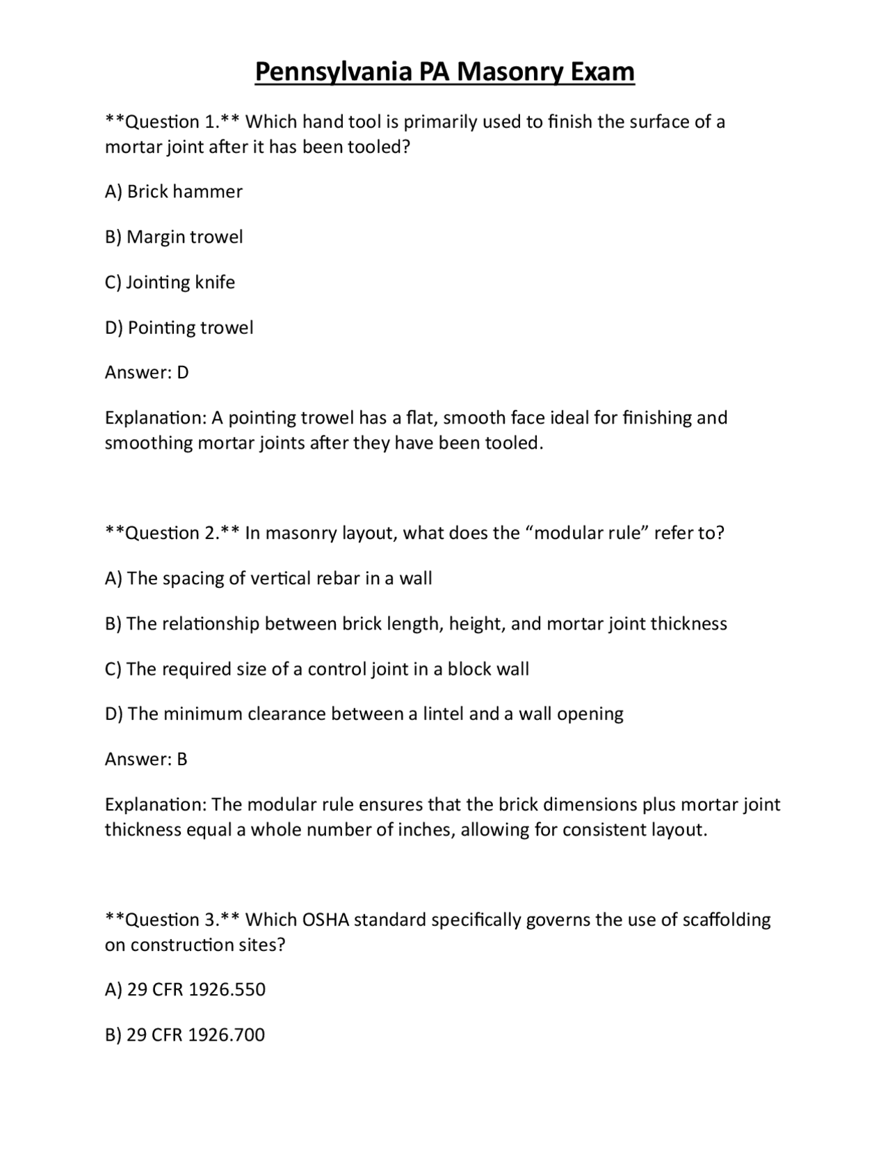 Pennsylvania PA Masonry Exam Questions and Answers | Exams Technology ...