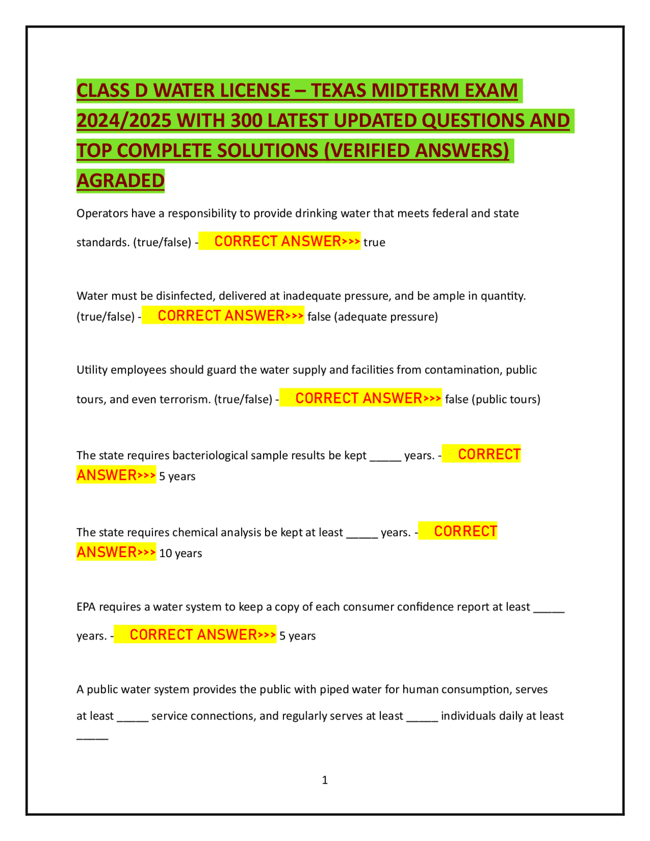 Class D Water License Exam Prep: Texas Water Utility Questions and ...